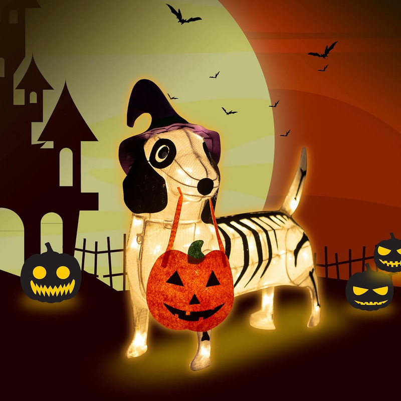 The Holiday Aisle® 25.5 Inches Long Halloween Skeleton Dog with Witch ...