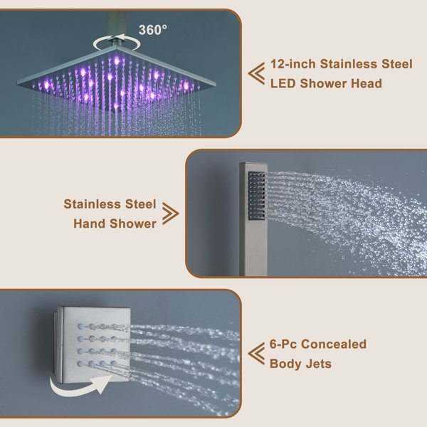 CASAINC 3-Function Luxury Ceiling Mount 12 Inch LED Thermostatic Shower ...