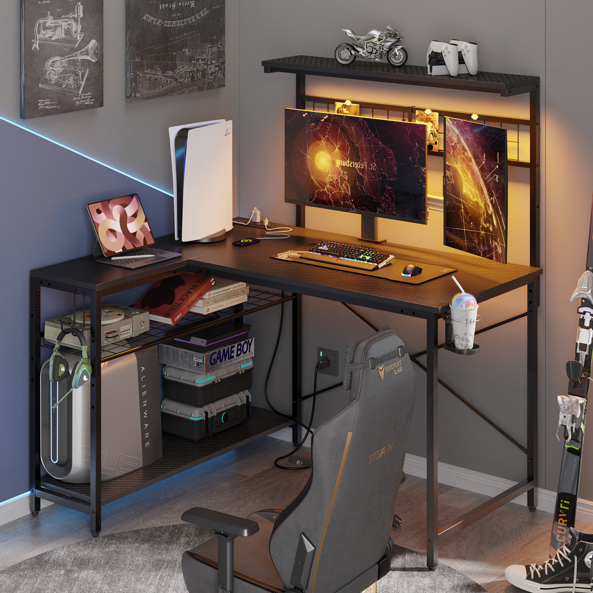 Inbox Zero Zabarskaya Gaming Desk, Computer Desk with Power Outlets ...
