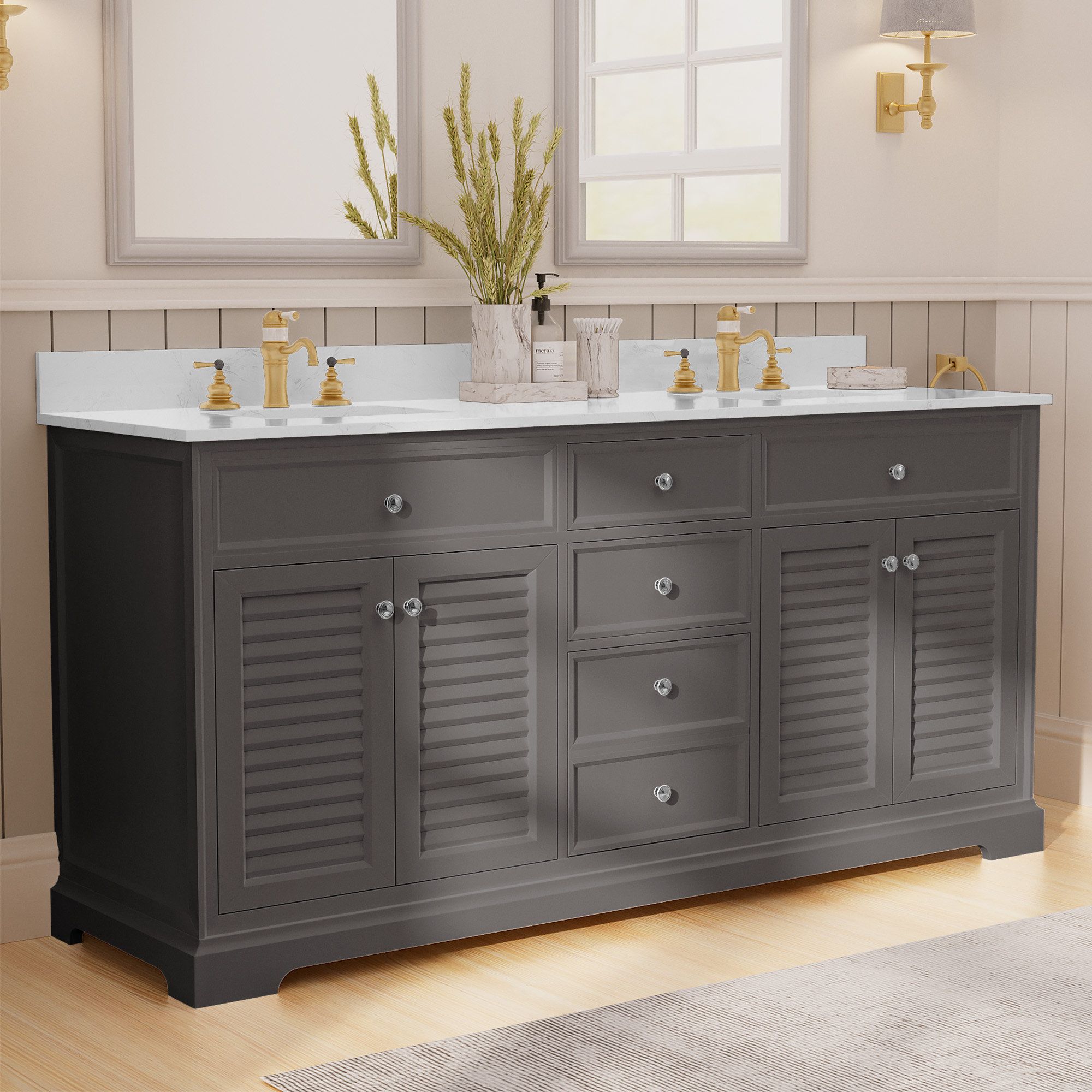 Lark Manor™ 72" Double Banthroom Vanity with Marble Countertop Ceramic ...
