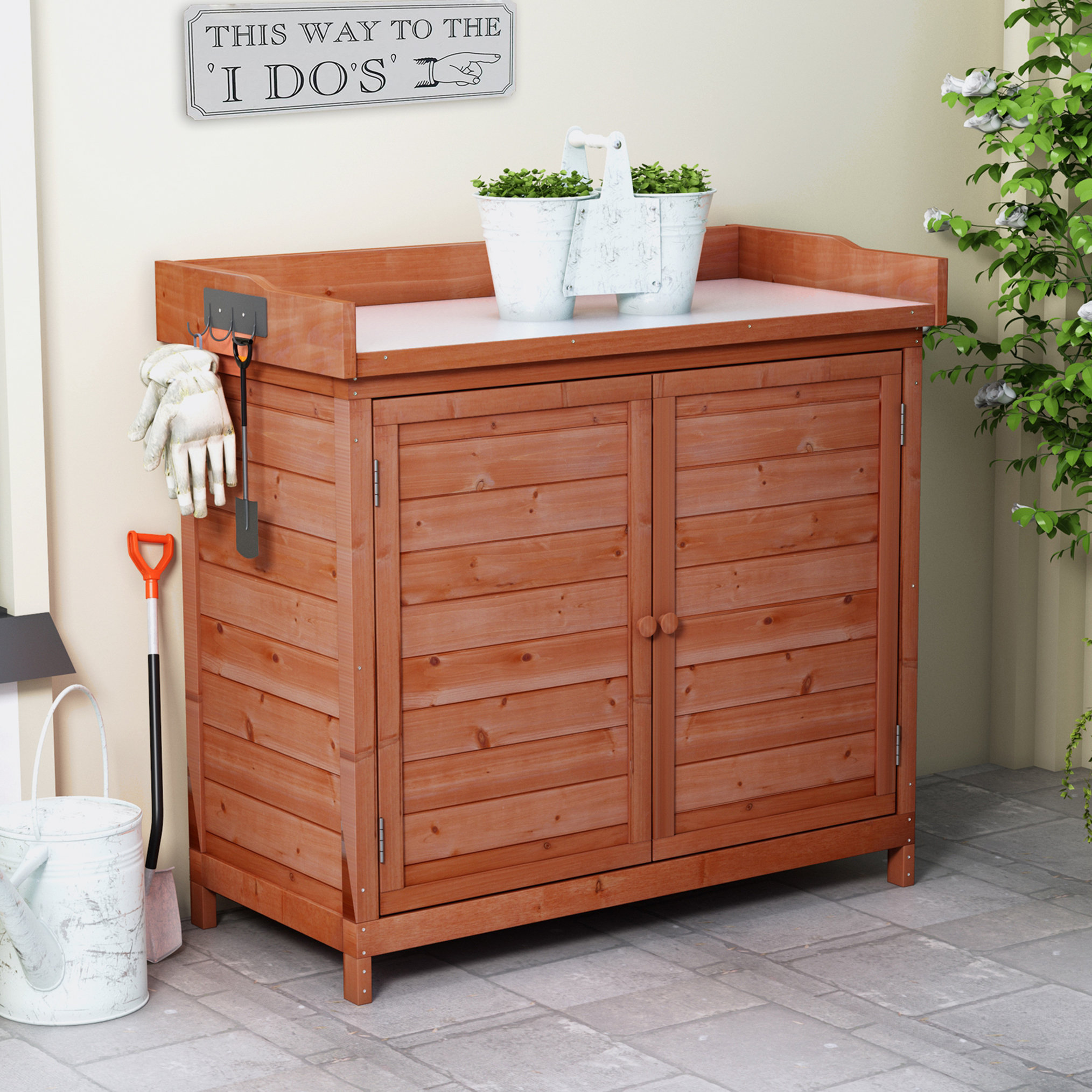 Union Rustic Potting Bench Table, Rustic Garden Wood Workstation ...