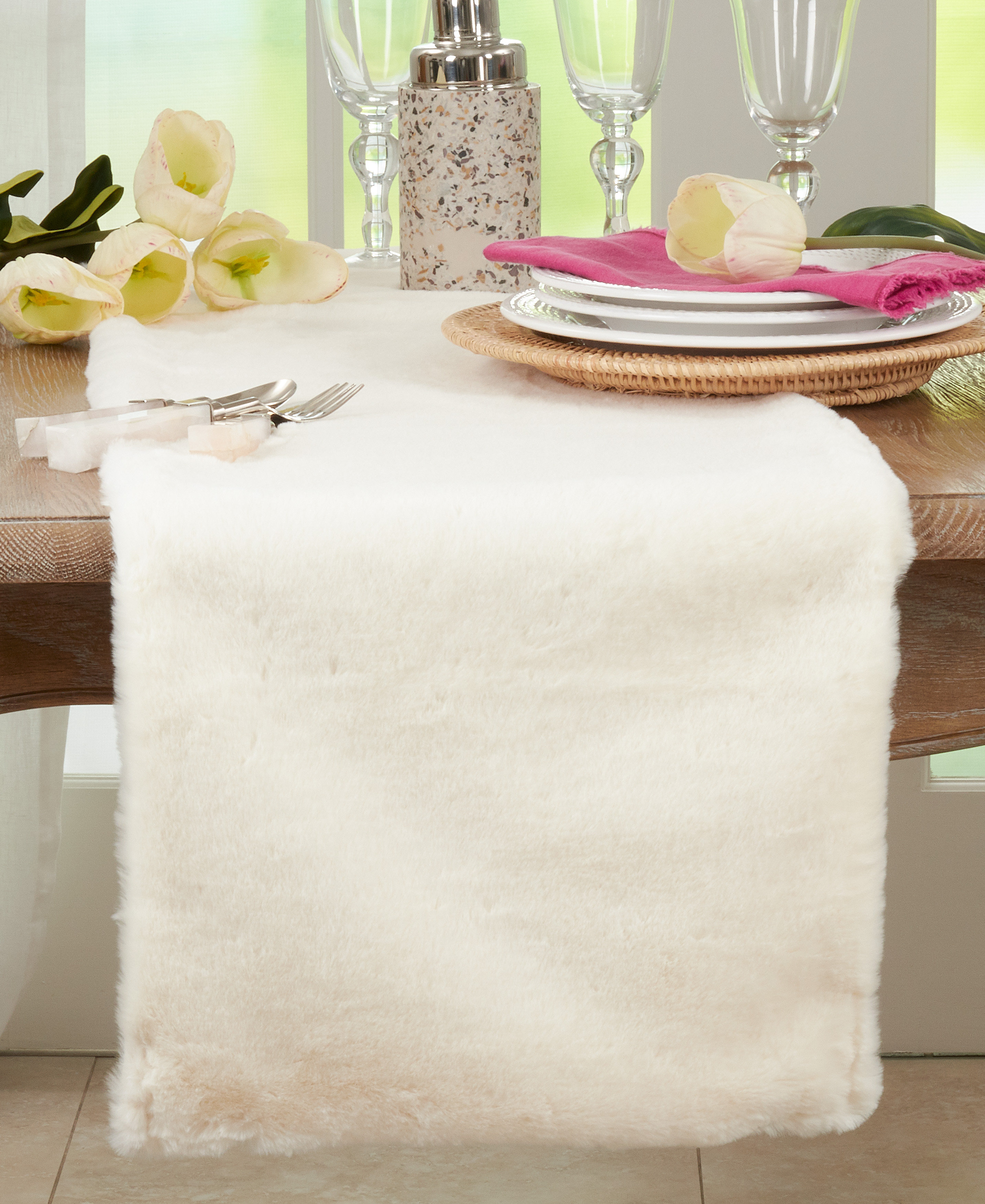 Saro Faux Rabbit Fur Collection Solid Color Table Runner | Wayfair