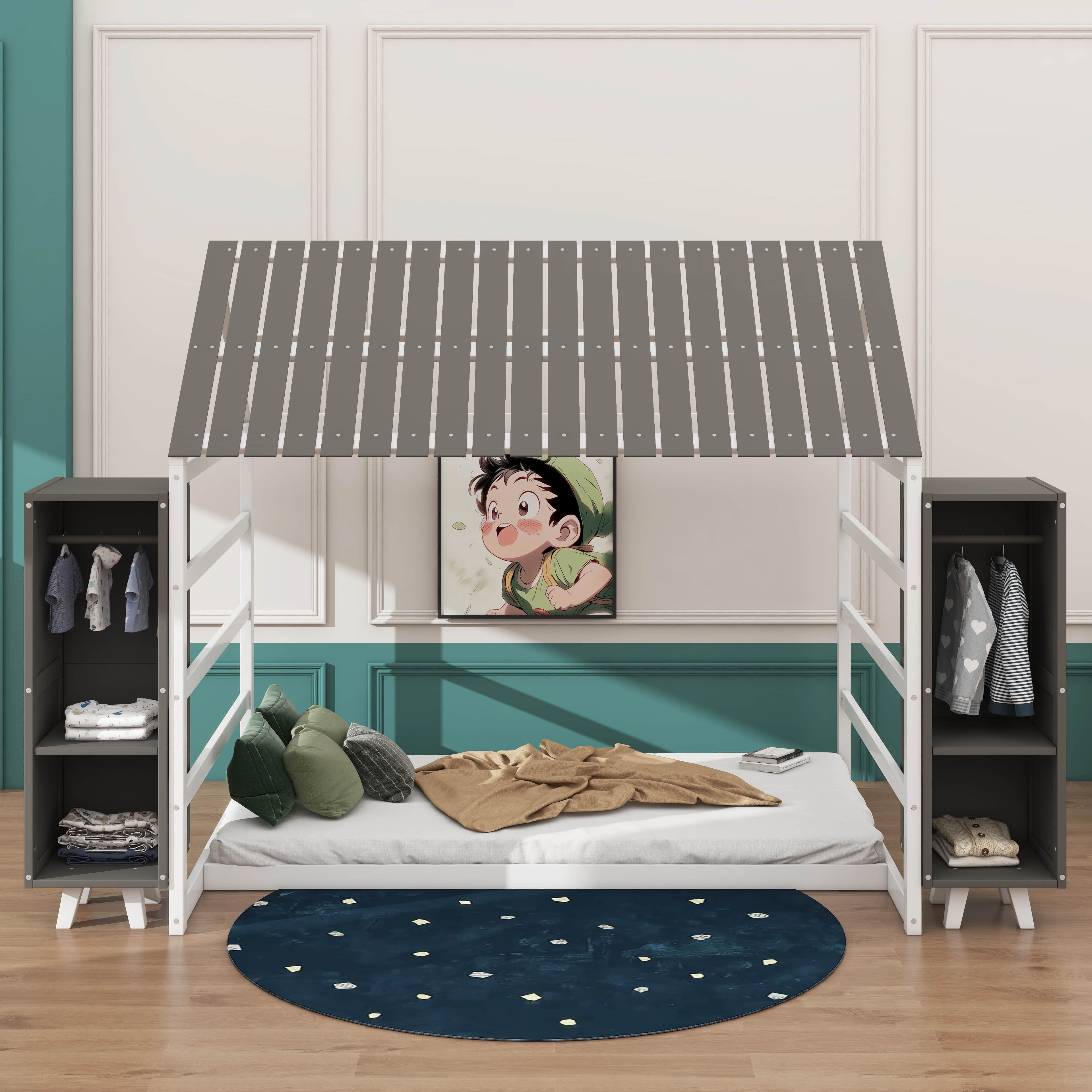 George Oliver Cozy Wooden Twin Cottage Bed With Picket Fence & Pitched ...