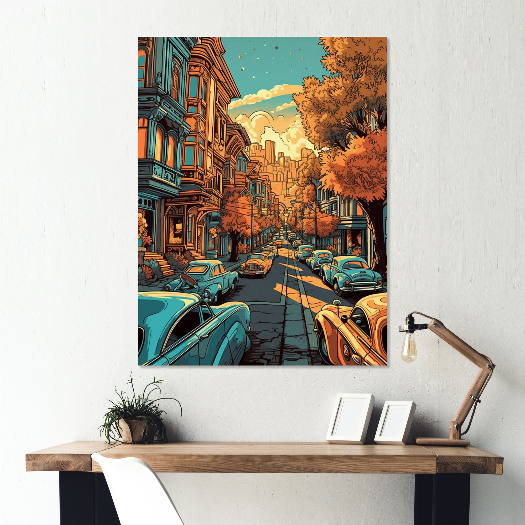 Red Barrel Studio® Orange and Blue Parked Vintage Cars IV - Unframed ...