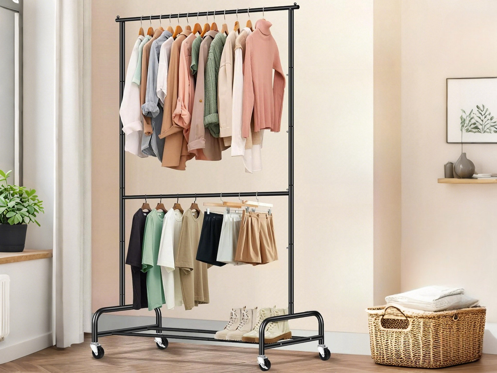 Rebrilliant Black Double Rod Heavy Duty Metal Rolling Garment Rack - Ideal For Hanging Coats ...