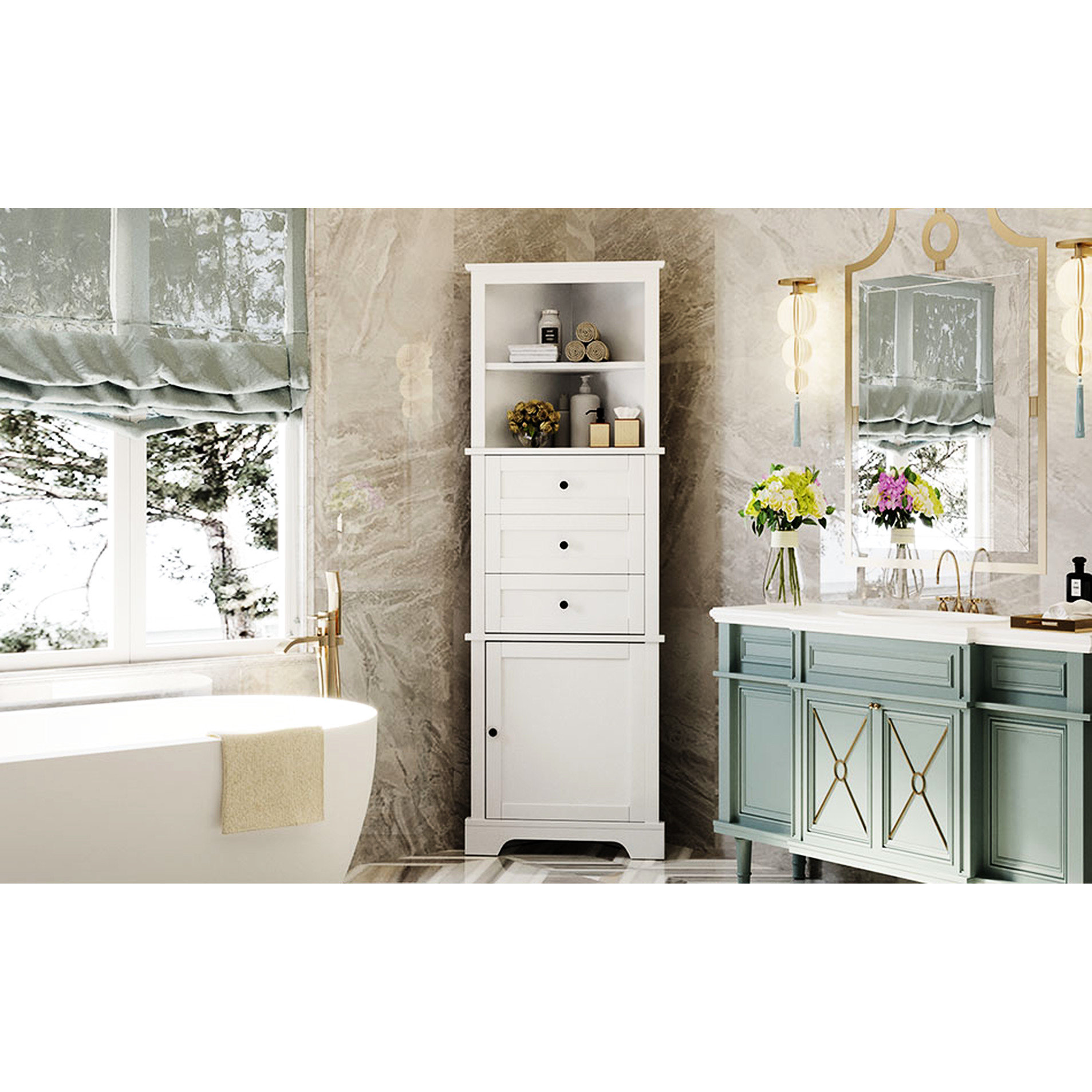 Latitude Run® Tall White Triangle Cabinet With 3 Drawers And Adjustable ...