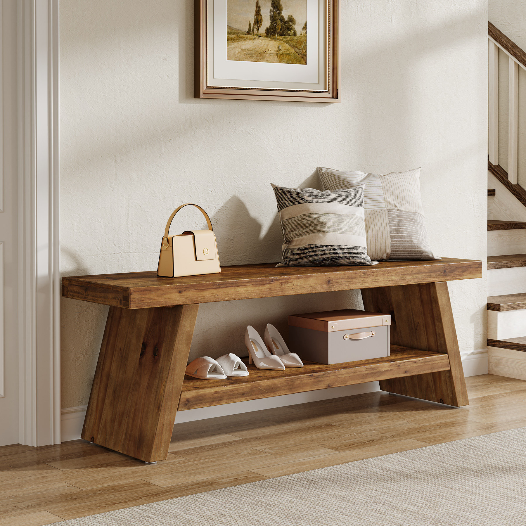 Millwood Pines 2-tier Solid Wood Entryway Bench, Indoor Shoe Bench ...