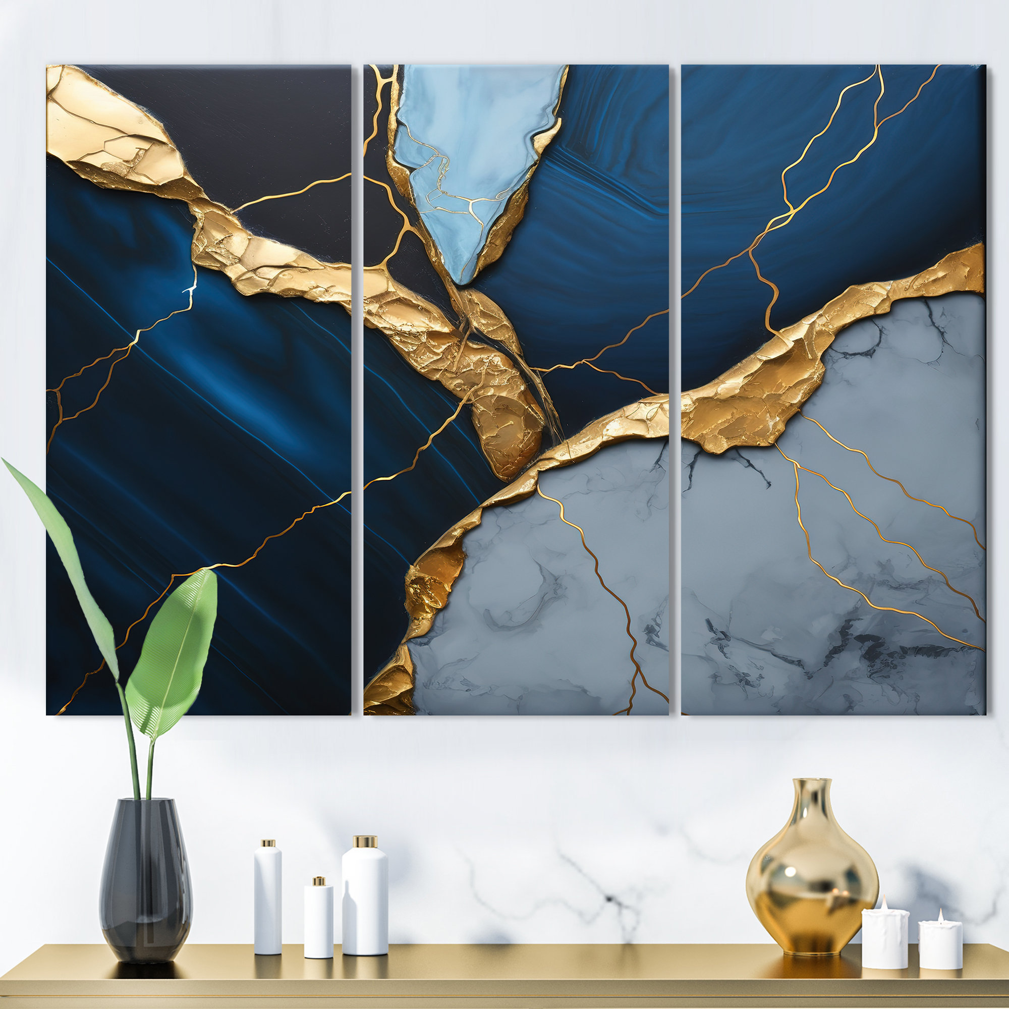 Design Art Abstract Geode Blue III - 3 Piece Print | Wayfair