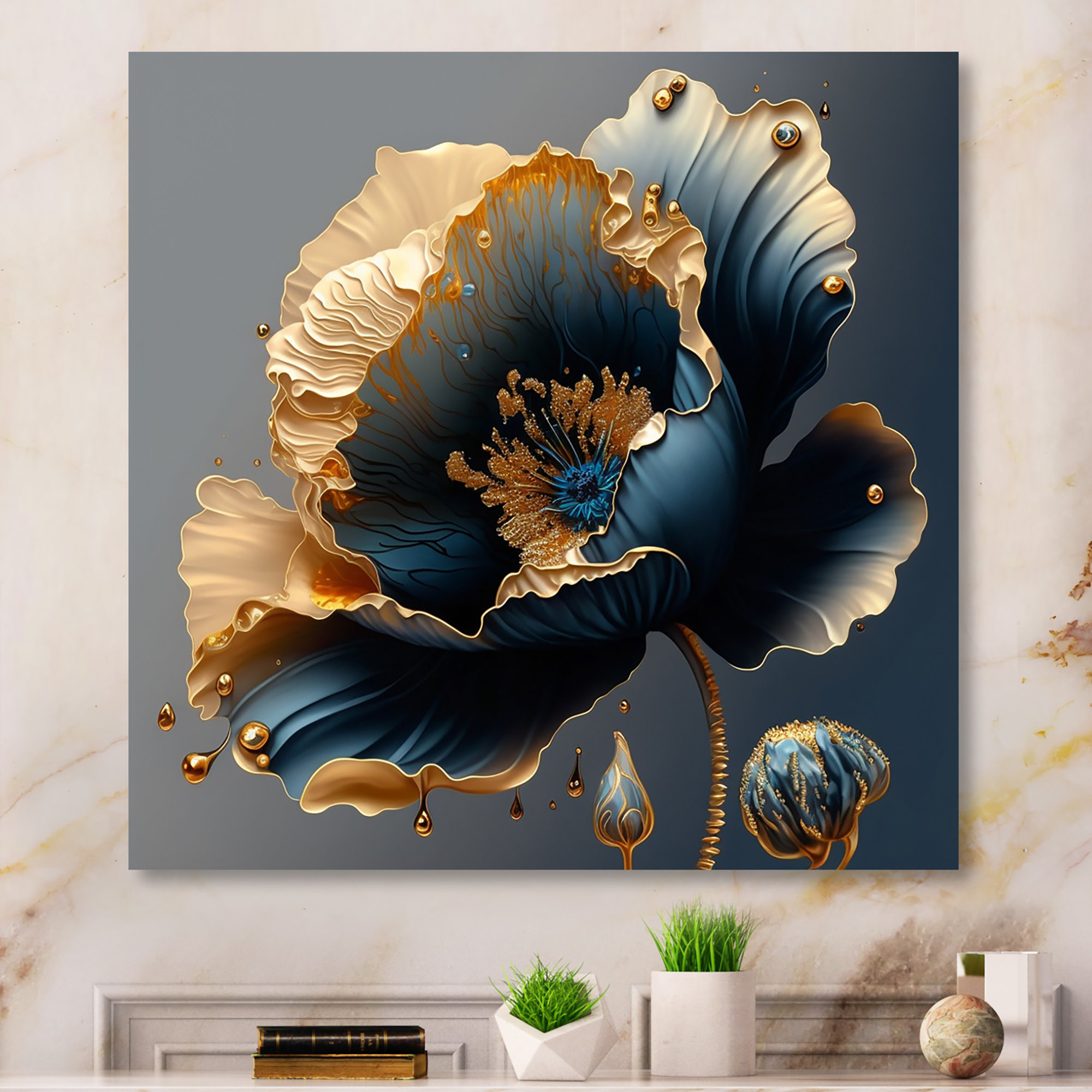 House of Hampton® Elman Deep Blue And Gold Single Flower IV - Metal ...