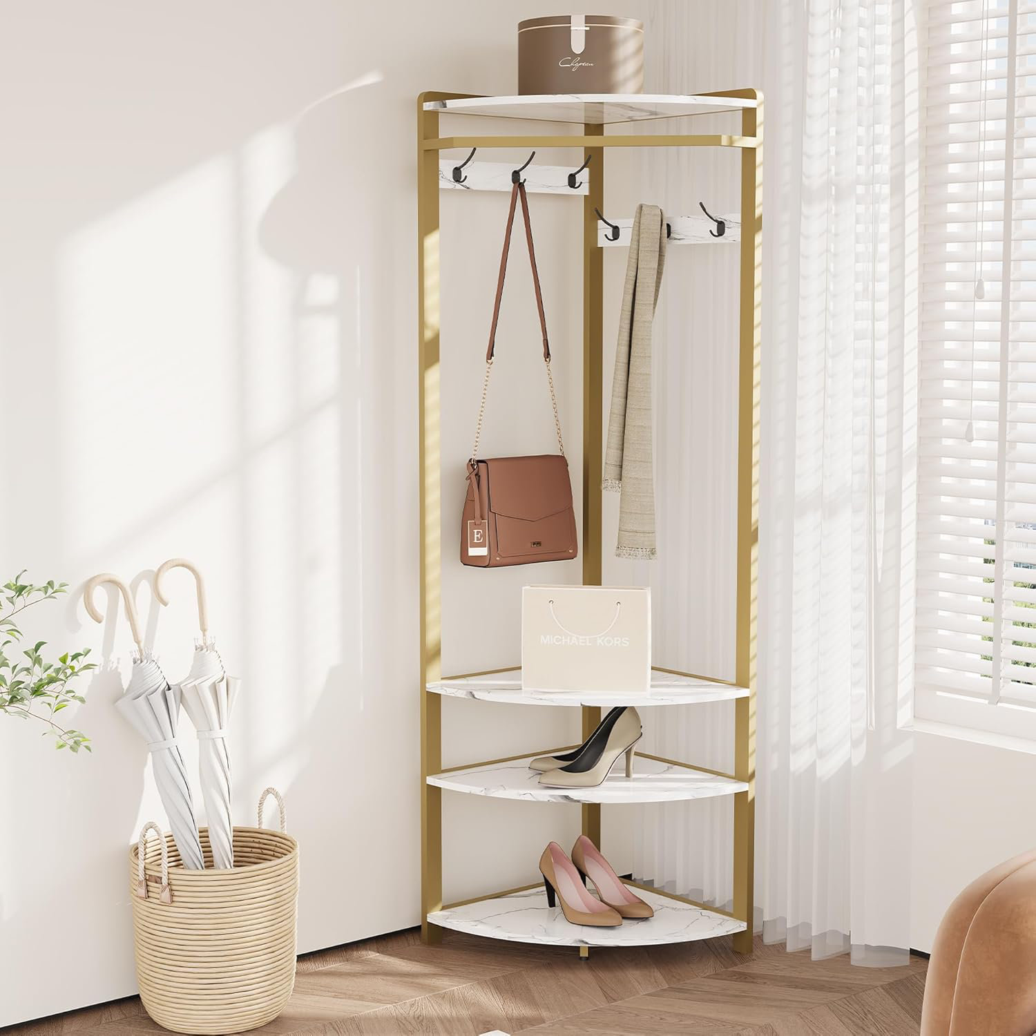 Everly Quinn Corner Coat Rack With Shoe Bench Entryway, Corner Hall ...