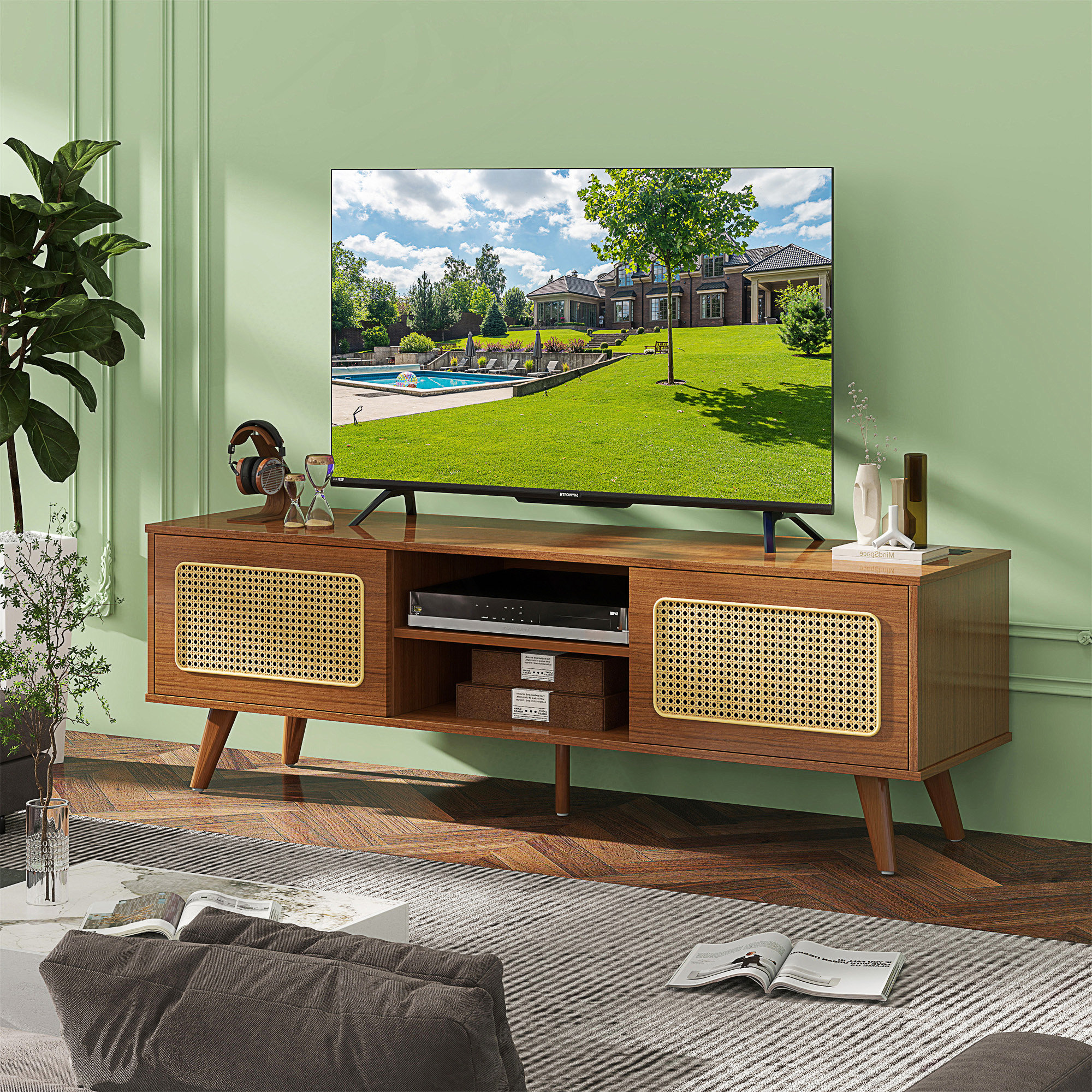 George Oliver Mid Century Modern Rattan TV Stand For 55/60/65 Inch TV ...