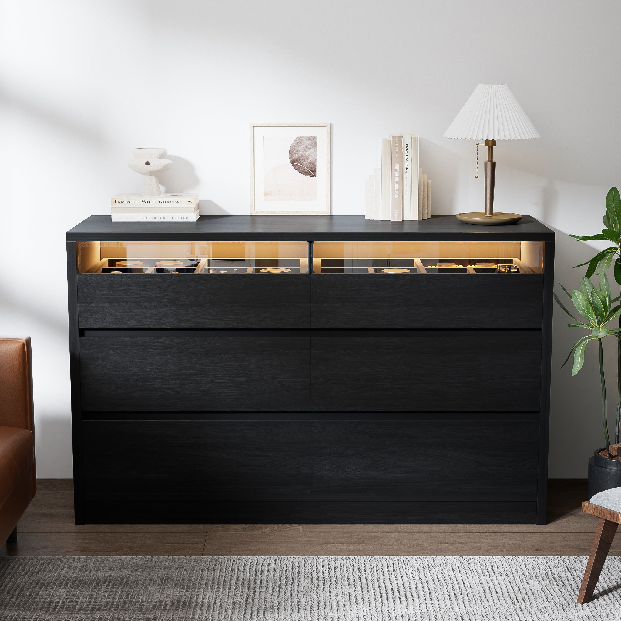 Wrought Studio Marisole Contemporary 47.24''W Glass-Faced 6-Drawer ...