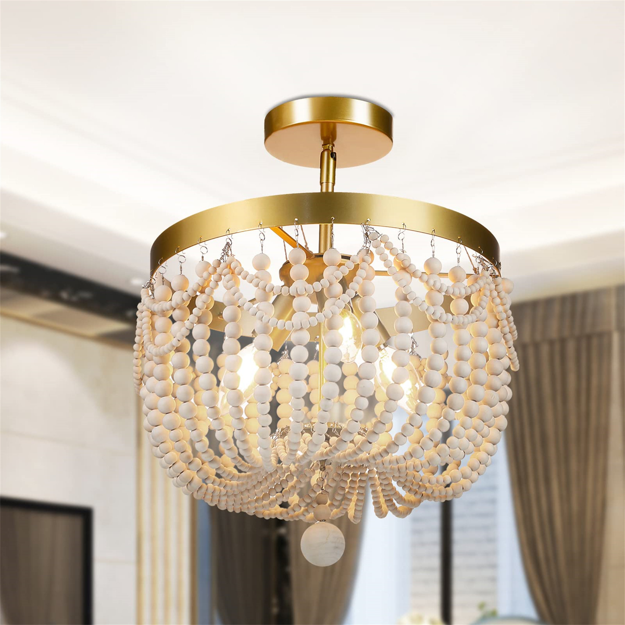 Dakota Fields 3 Light Bohemian Wood Bead Chandeliers, Oak Finish, Semi ...