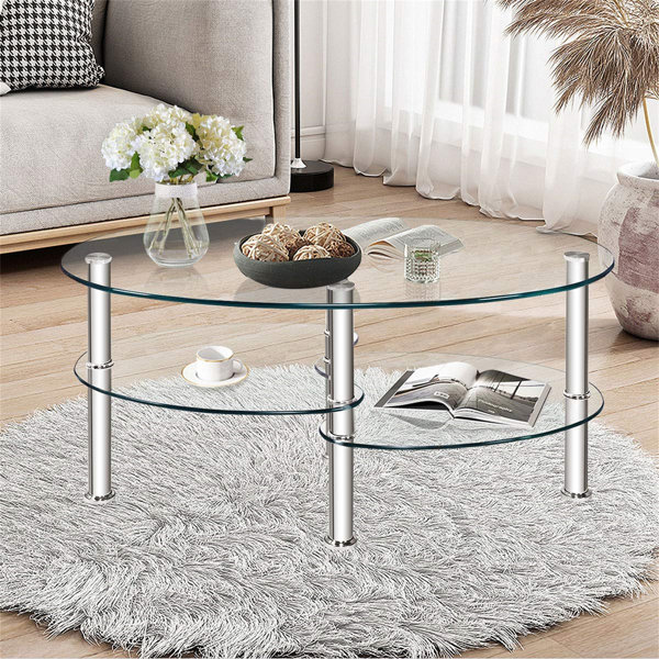 Metro Lane Coffee Table, Tempered Glass Oval Tea Table With 2 Shelves ...
