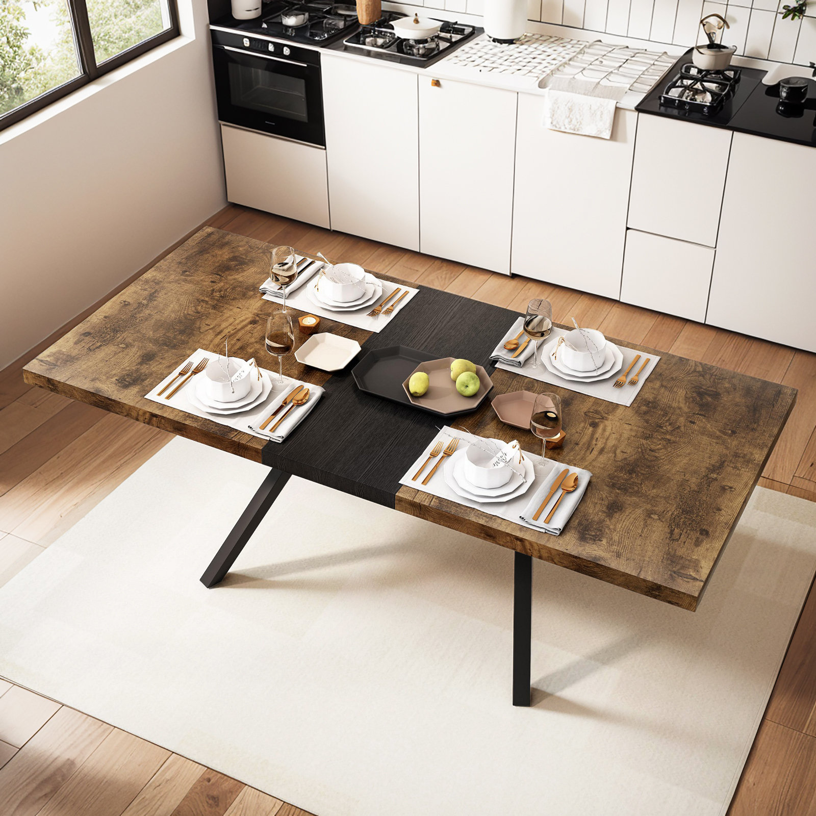 17 Stories Retro Rectangular Stretch Dining Table With Black Fine Sand ...