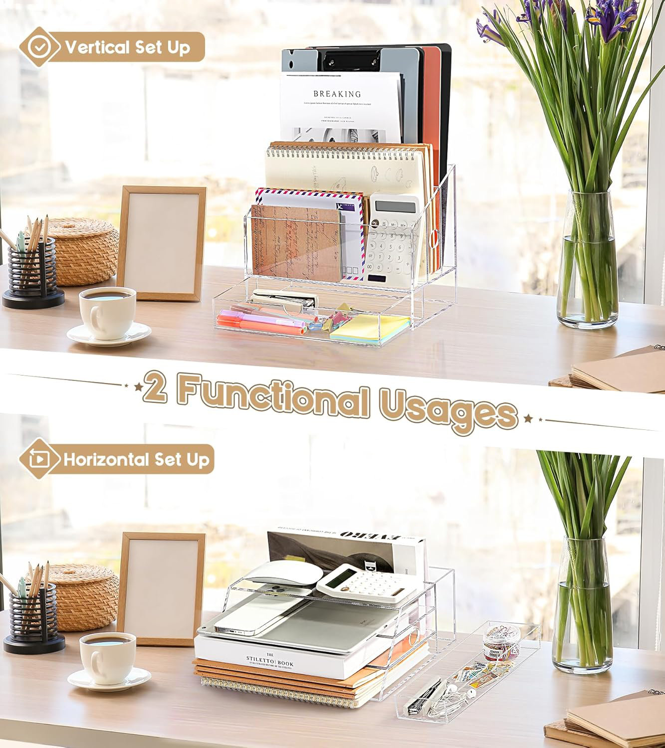 Rebrilliant Clear Acrylic Desk Organizer With Drawer 3-compartment File ...