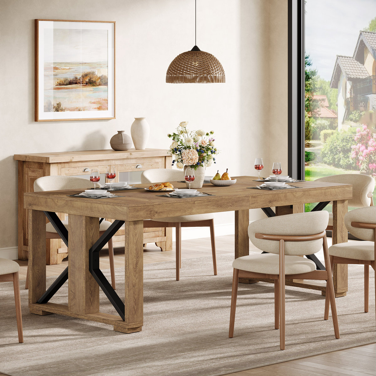 Gracie Oaks 70.86" Rectangular Dining Table, Farmhouse Wooden Kitchen ...