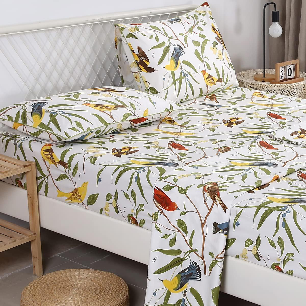 AMIPOR 4Pcs Birds Sheets Set For Queen Bed, Farmhouse Green Leaves ...