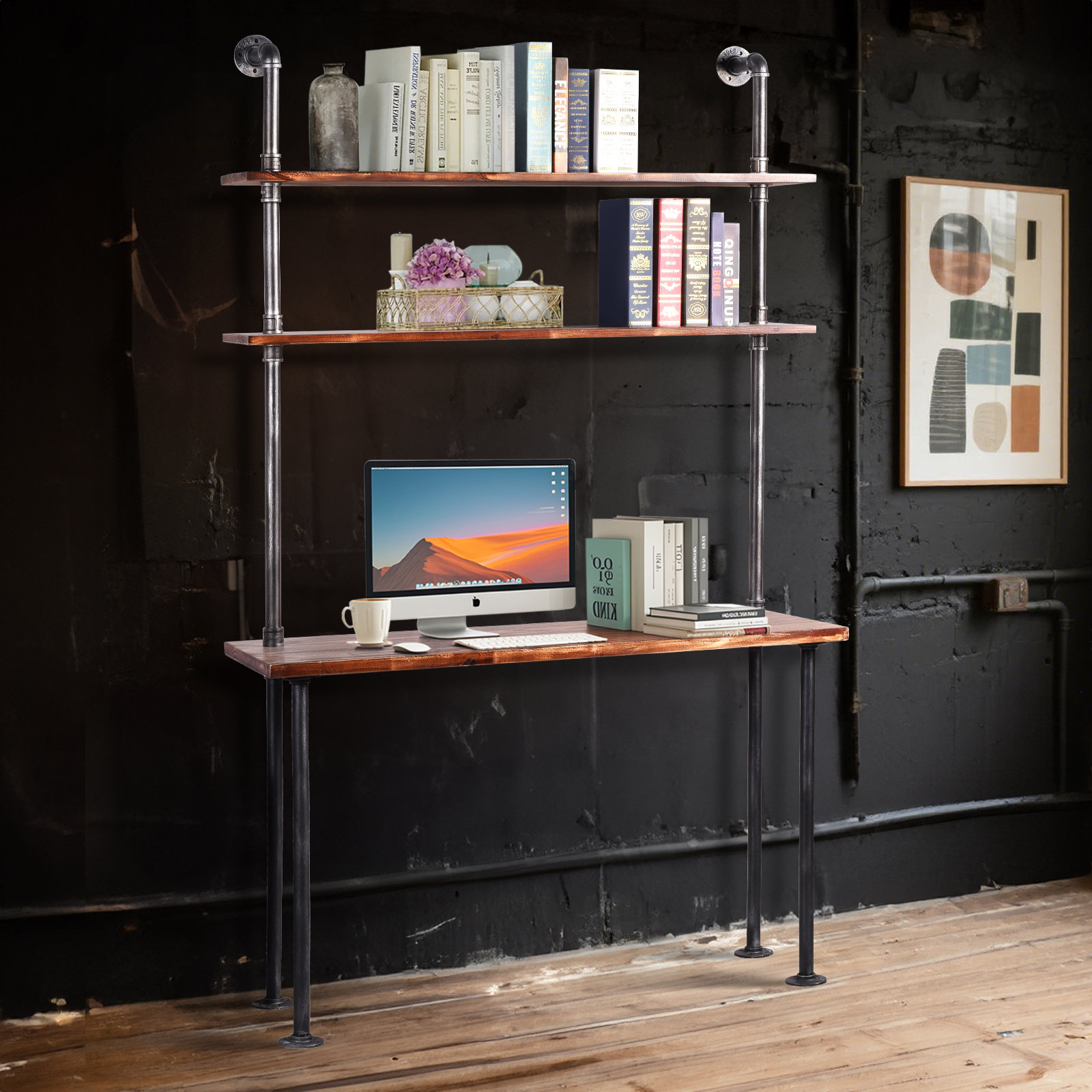 Williston Forge Industrial Laptop Desk Solid Wood Computer Desk Wall ...