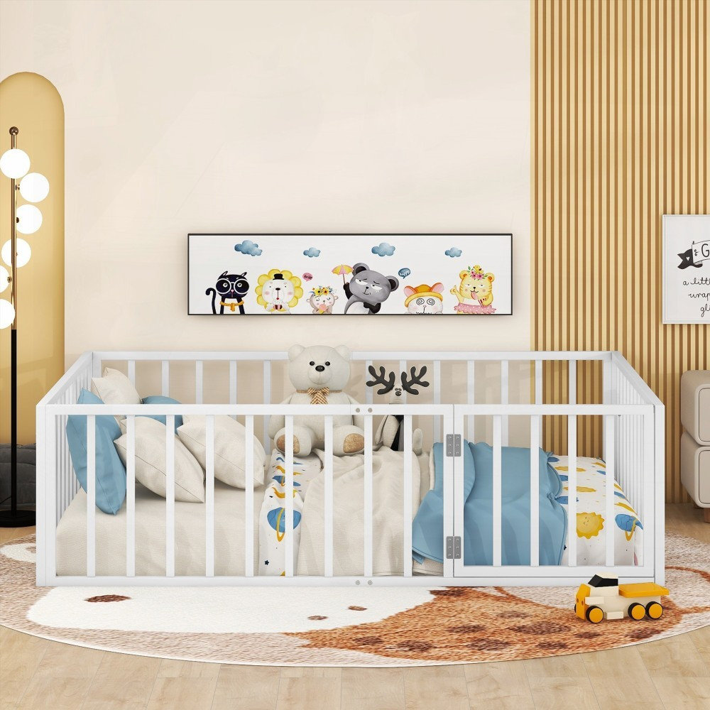 Harriet Bee Full Size Metal Floor Bed Frame with Fence & Door in White ...