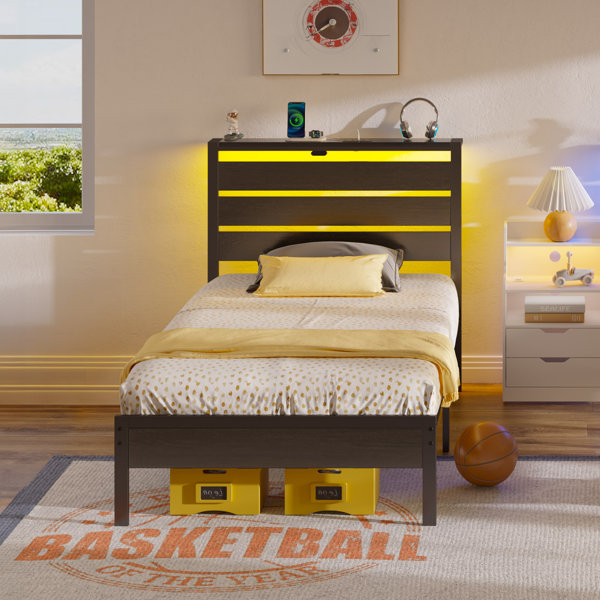17 Stories Hana Bed Frame with Headboard & LED Lights, Metal Slat Bed ...