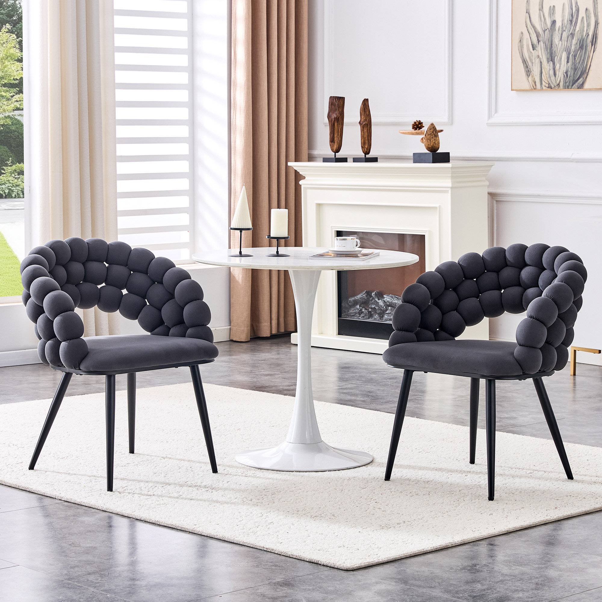 Mercer41 Set of 2 Modern Beige Velvet Dining Chairs Puffy Bubble Ball ...