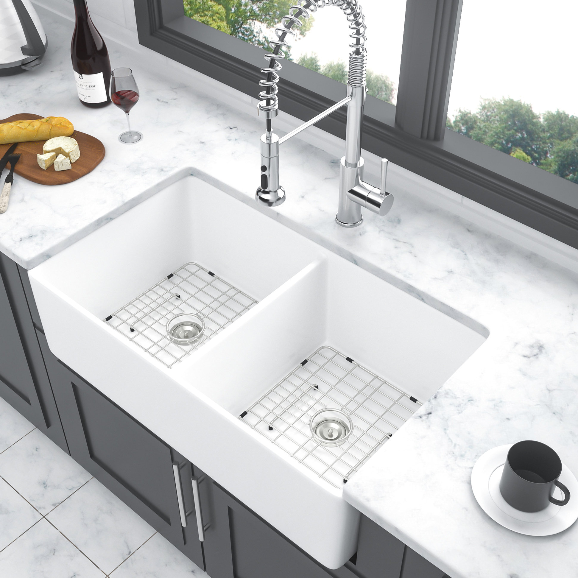 SnugglySolace Ceramic Sink 32 Inches Double Bowl - Scratch-, Stain ...