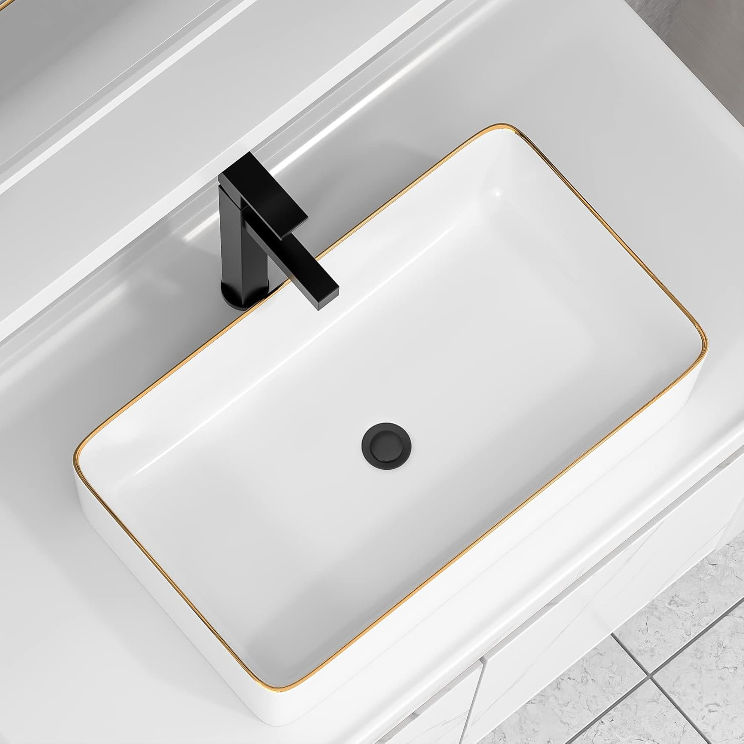 WKING Fulorni Rectangular Vessel Sink For Bathroom With Gold Rim ...