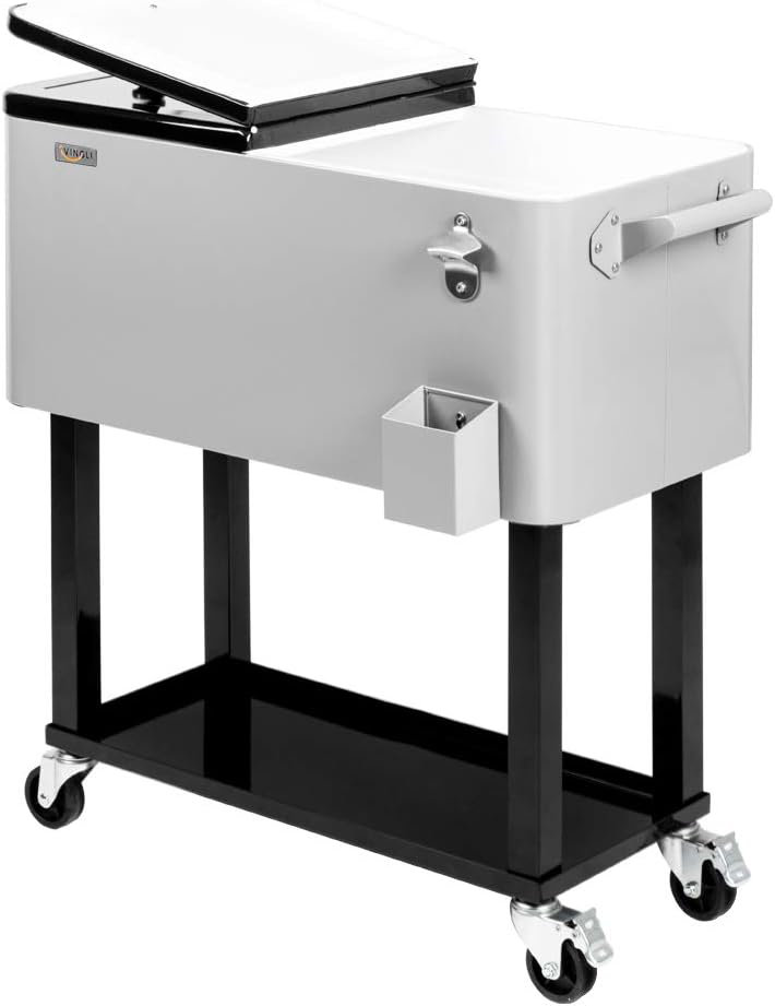 Winado 80 Quart Silver Rolling Ice Chest Portable Patio Party Bar Drink ...