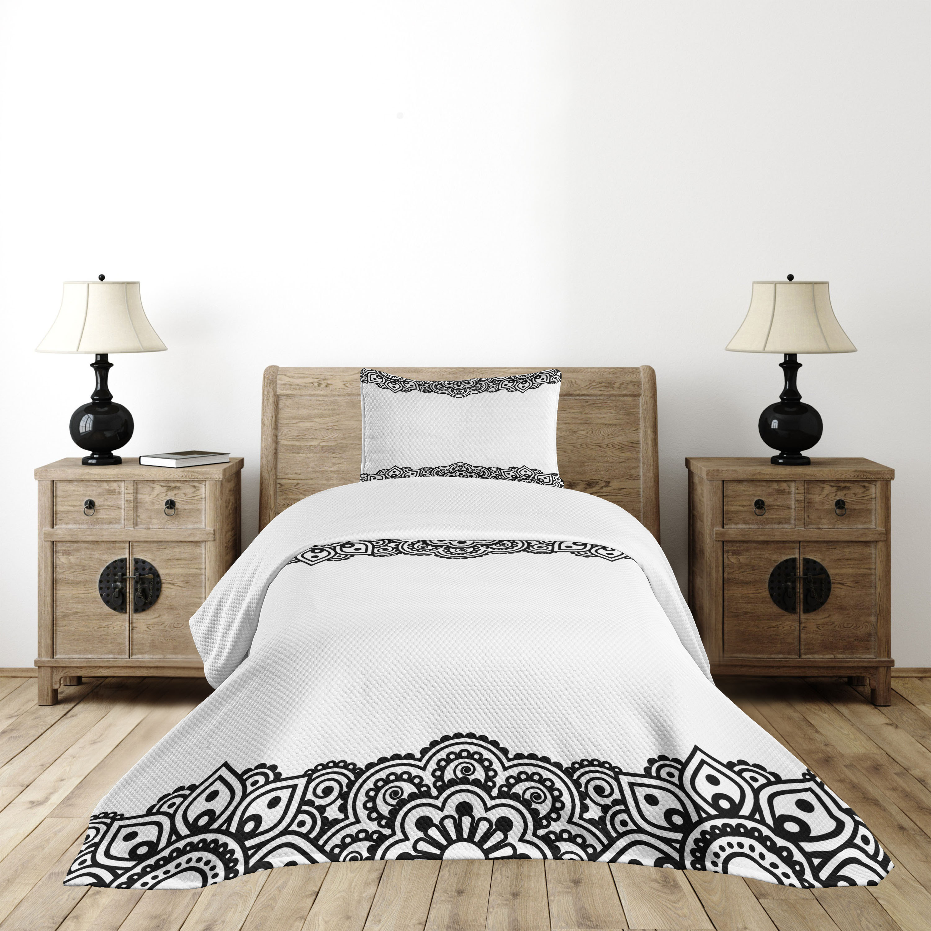 Ambesonne Abstract Bedspread Folkloric Oriental Curls White and Black ...