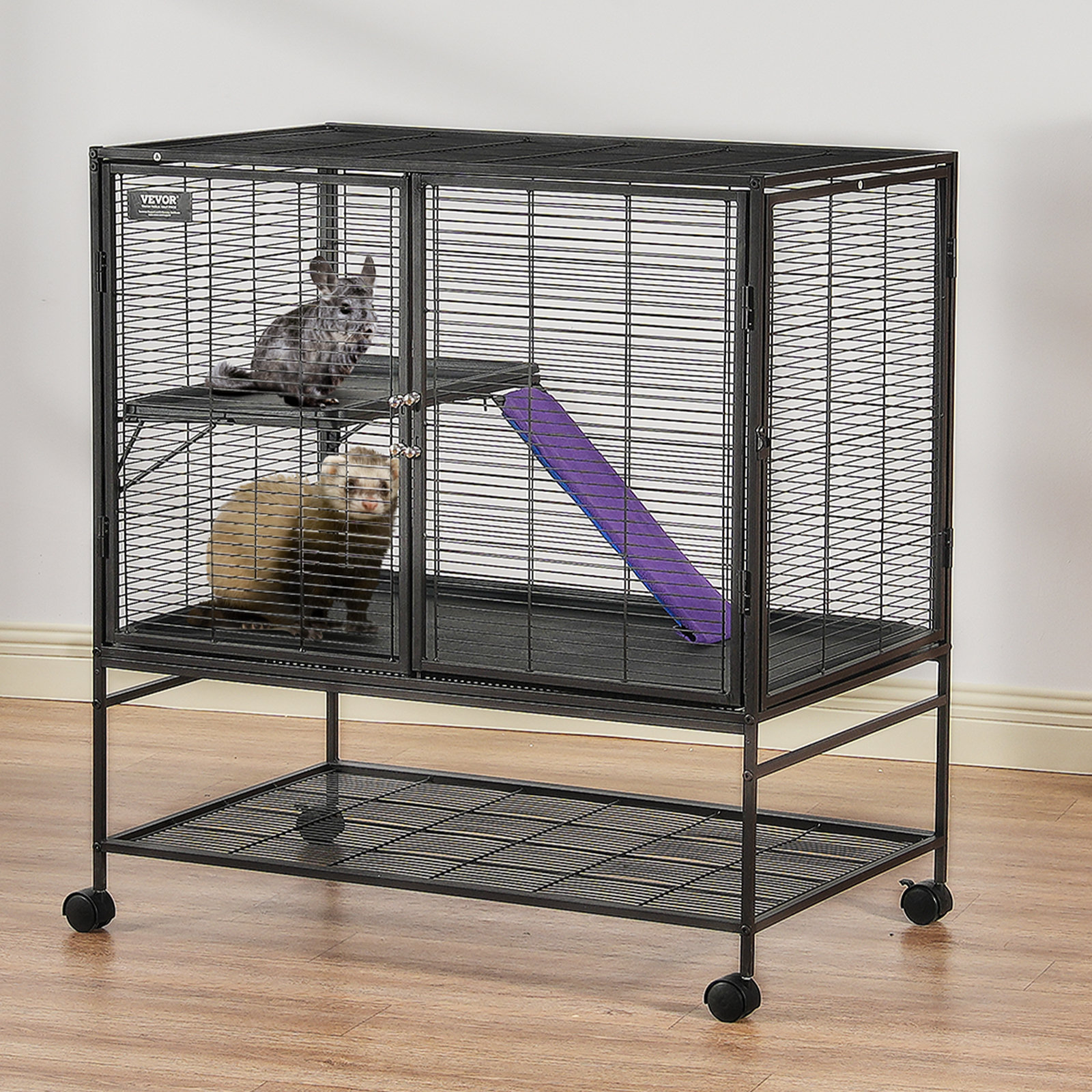 VEVOR 39" Metal Small Animal Cage 2-Tier Rolling Ferret Cage with Tray ...