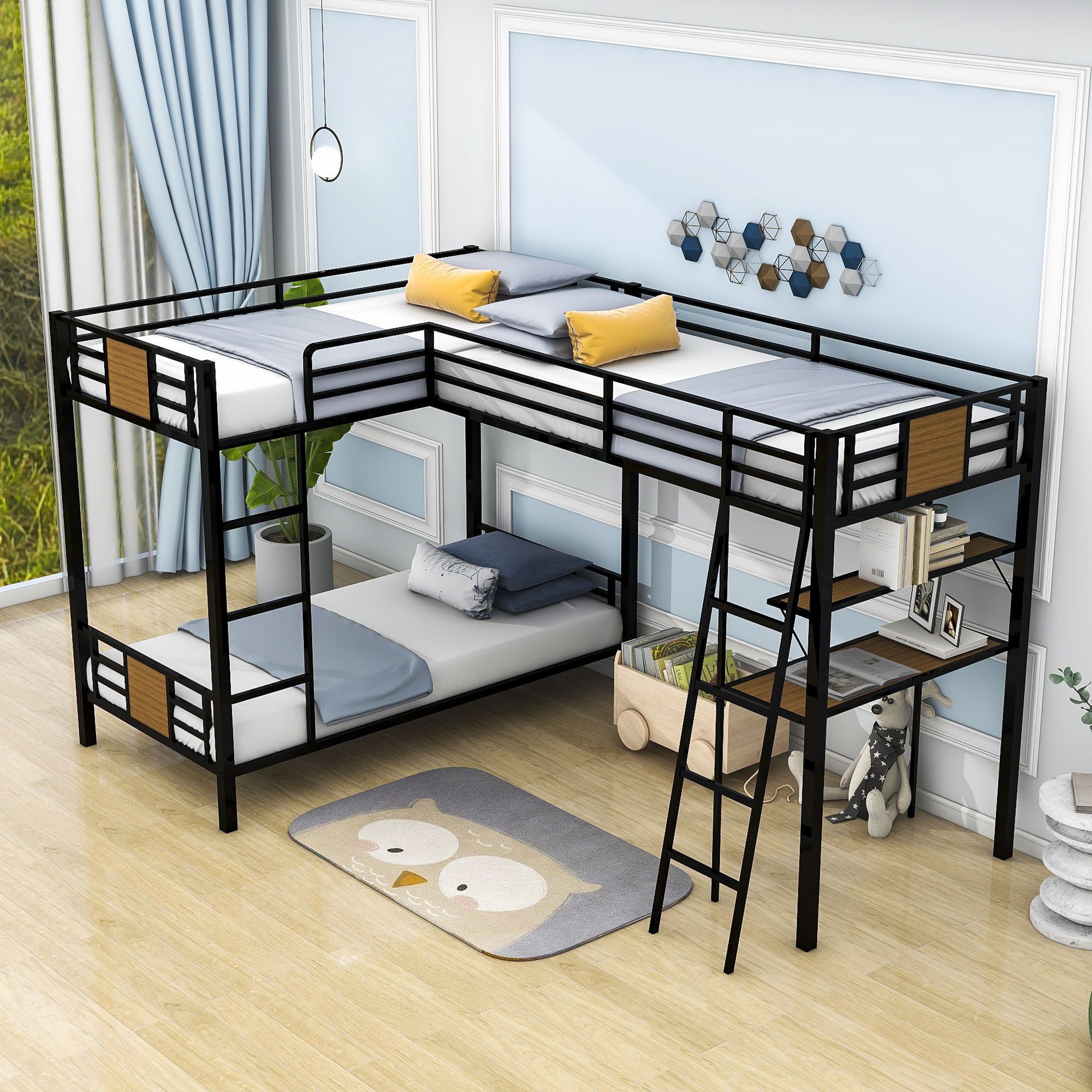 Mason & Marbles Reisinger Twin Over Twin & Twin Bunk Bed with Built-in ...