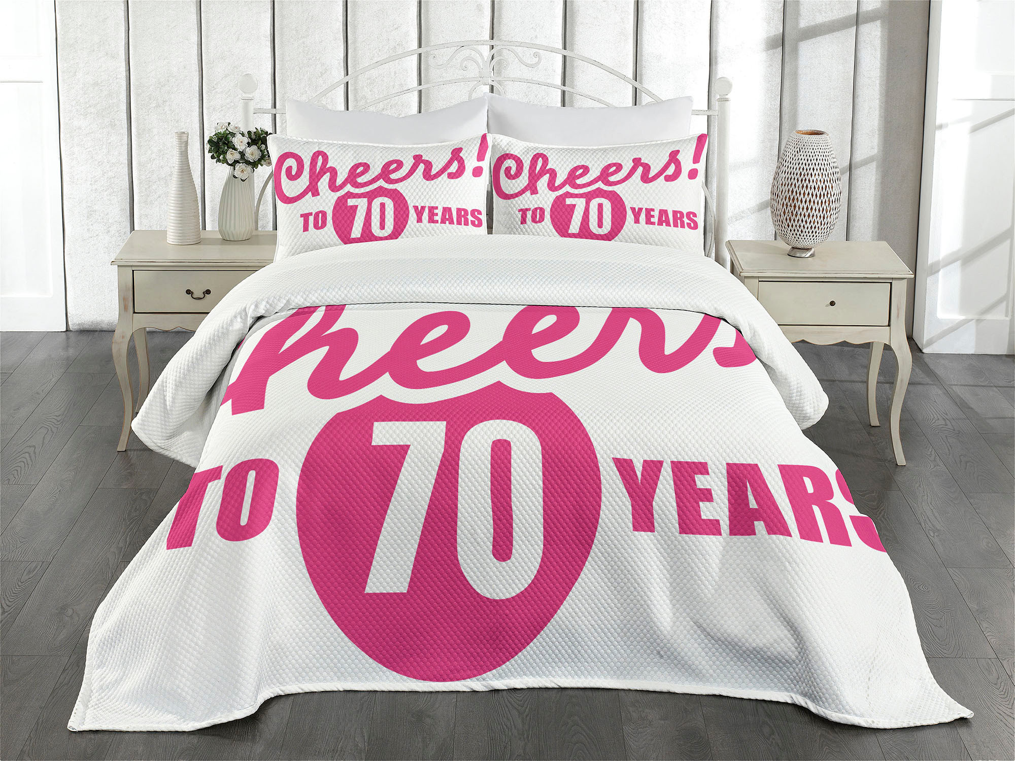 Ambesonne Hot Pink Bedspread Set 3 Pcs Cheers to 70 Years King Hot Pink ...