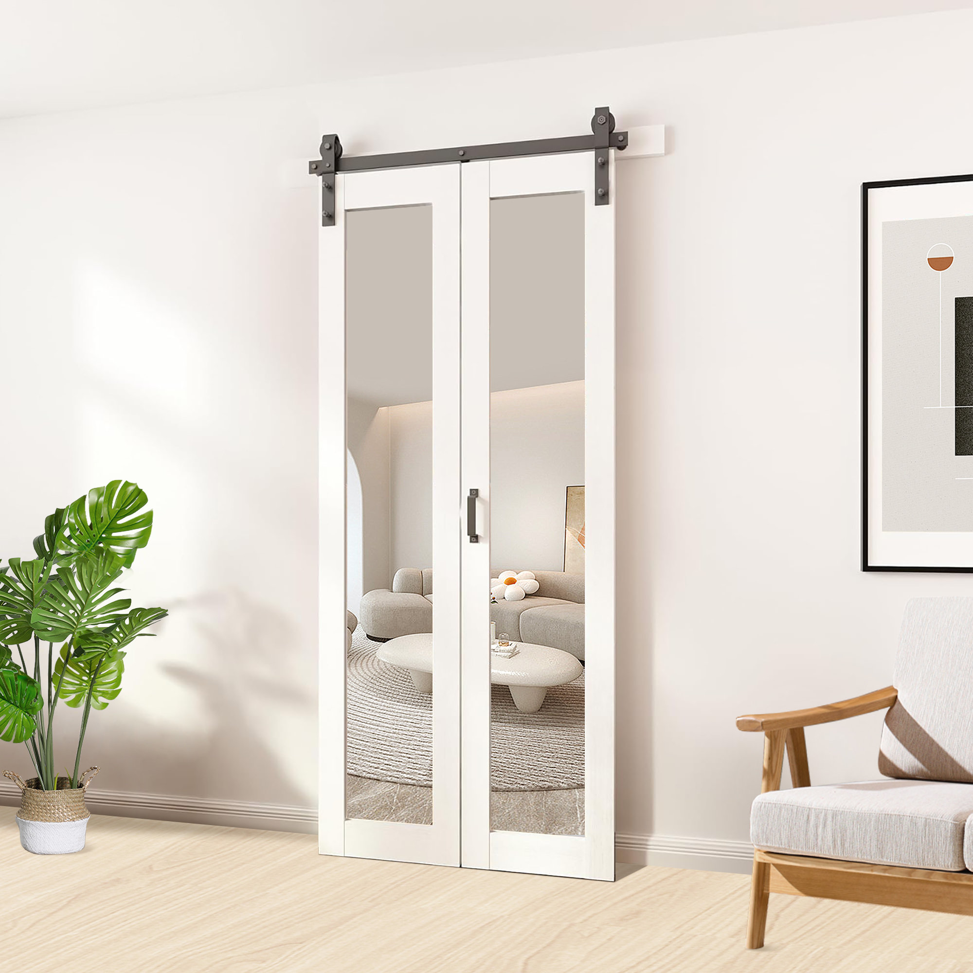 JUBEST Bi-Fold Barn Doors Mirrored Glass Paneled With Barn Door ...