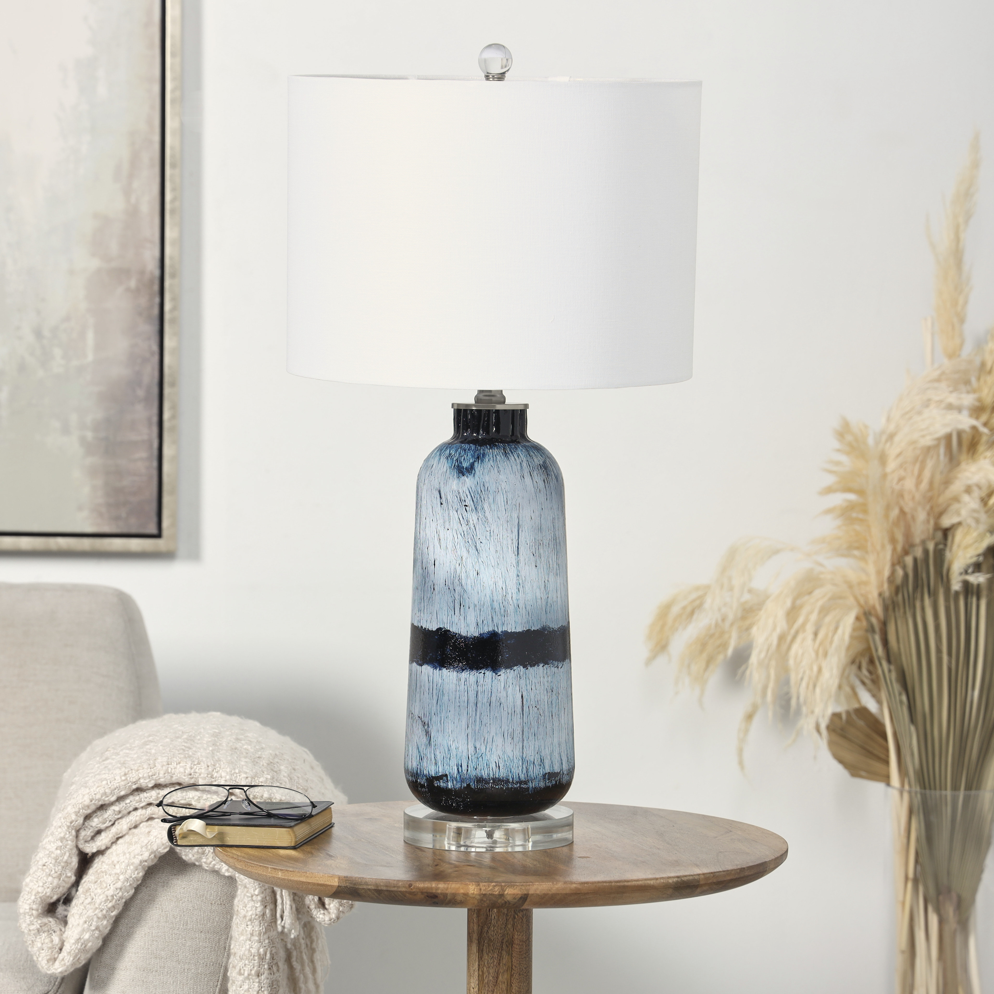 Brayden Studio® Glass Abstract Brushed Blue Accent Lamp with Glass Base ...