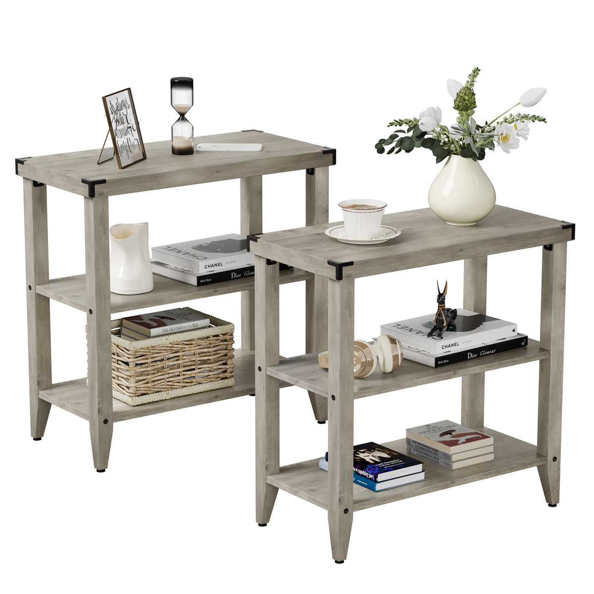 Lark Manor™ Grey Farmhouse End Table Set Of 2, 3 Tier Wood Side Table ...