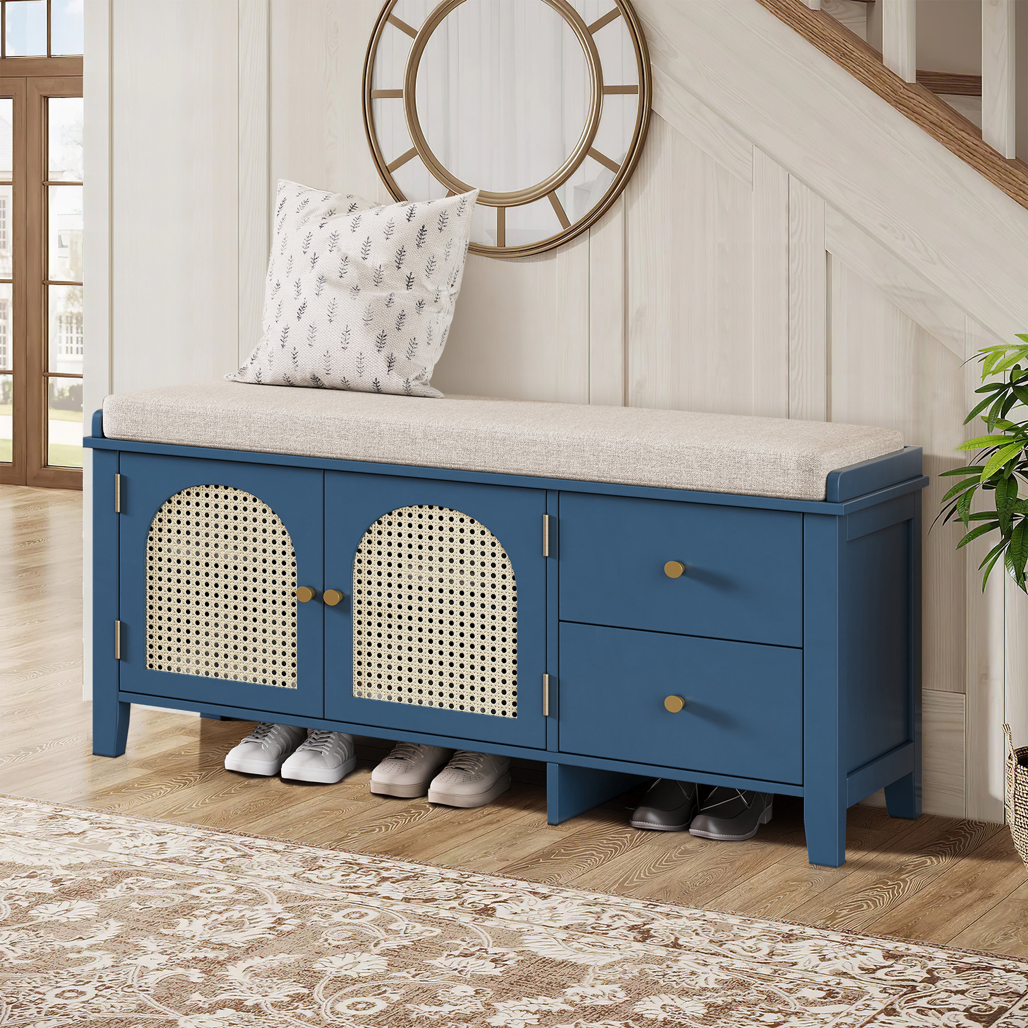 Bayou Breeze Cushion Shoe Storage Bench, 2 Drawers And 2 Rattan Door ...