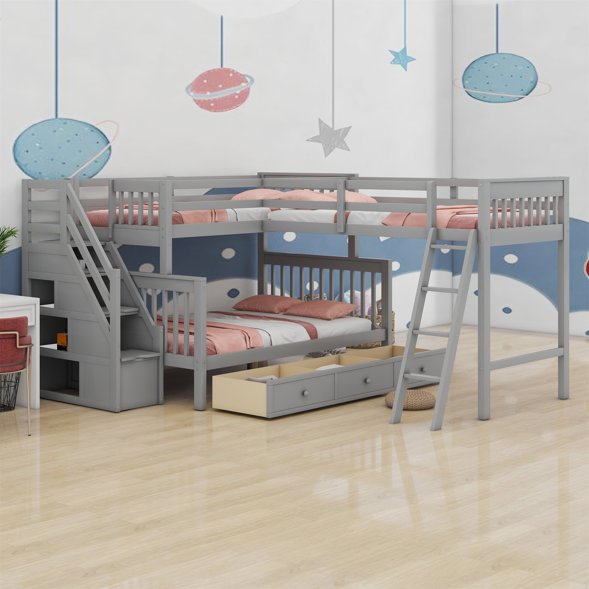 Harriet Bee L-Shaped Bunk Bed With Drawers, Ladder And Staircase | Wayfair