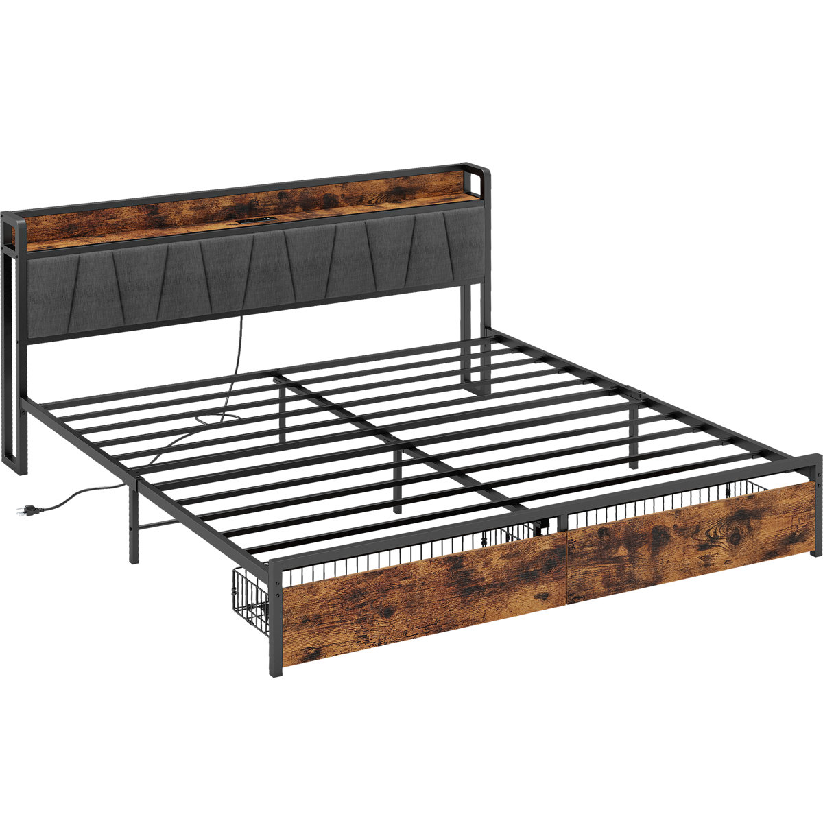 17 Stories Brown-grey California King Size Bed Frame, Charging Head ...