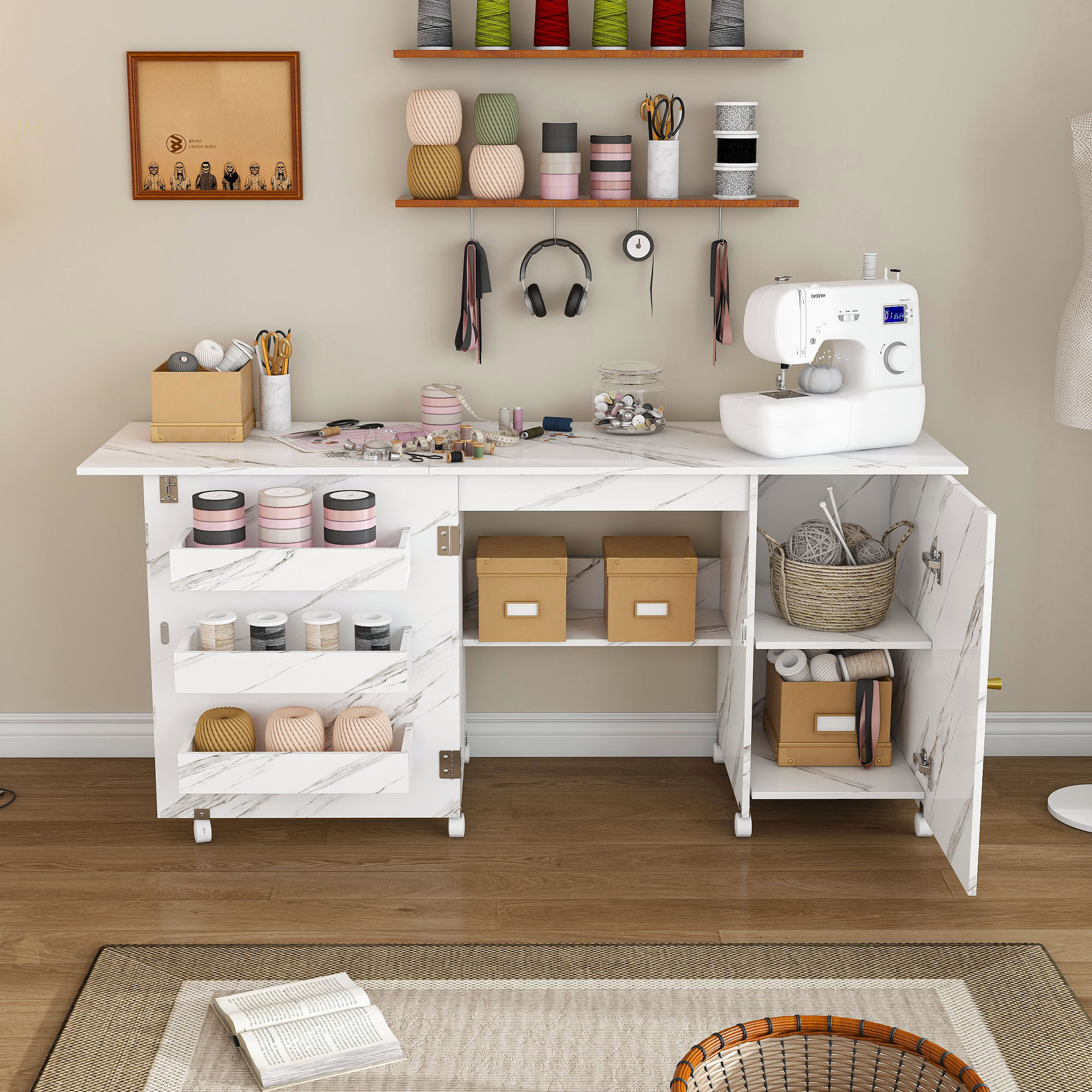 Latitude Run® 57.5" Foldable Sewing Machine Table With Locking Casters ...