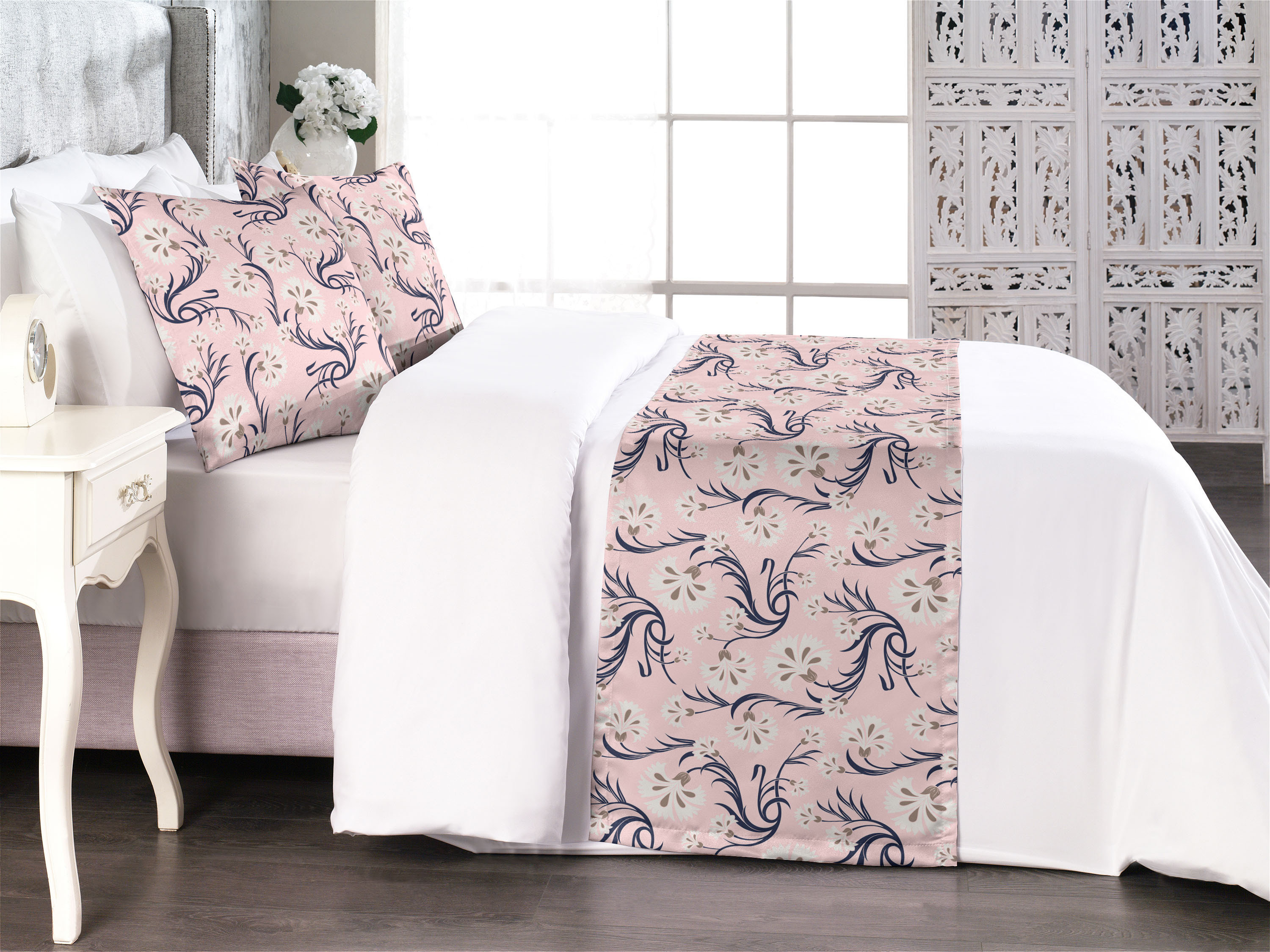 Ambesonne Floral Bed Runner Set Swirly Branches of Spring Soft Pink ...
