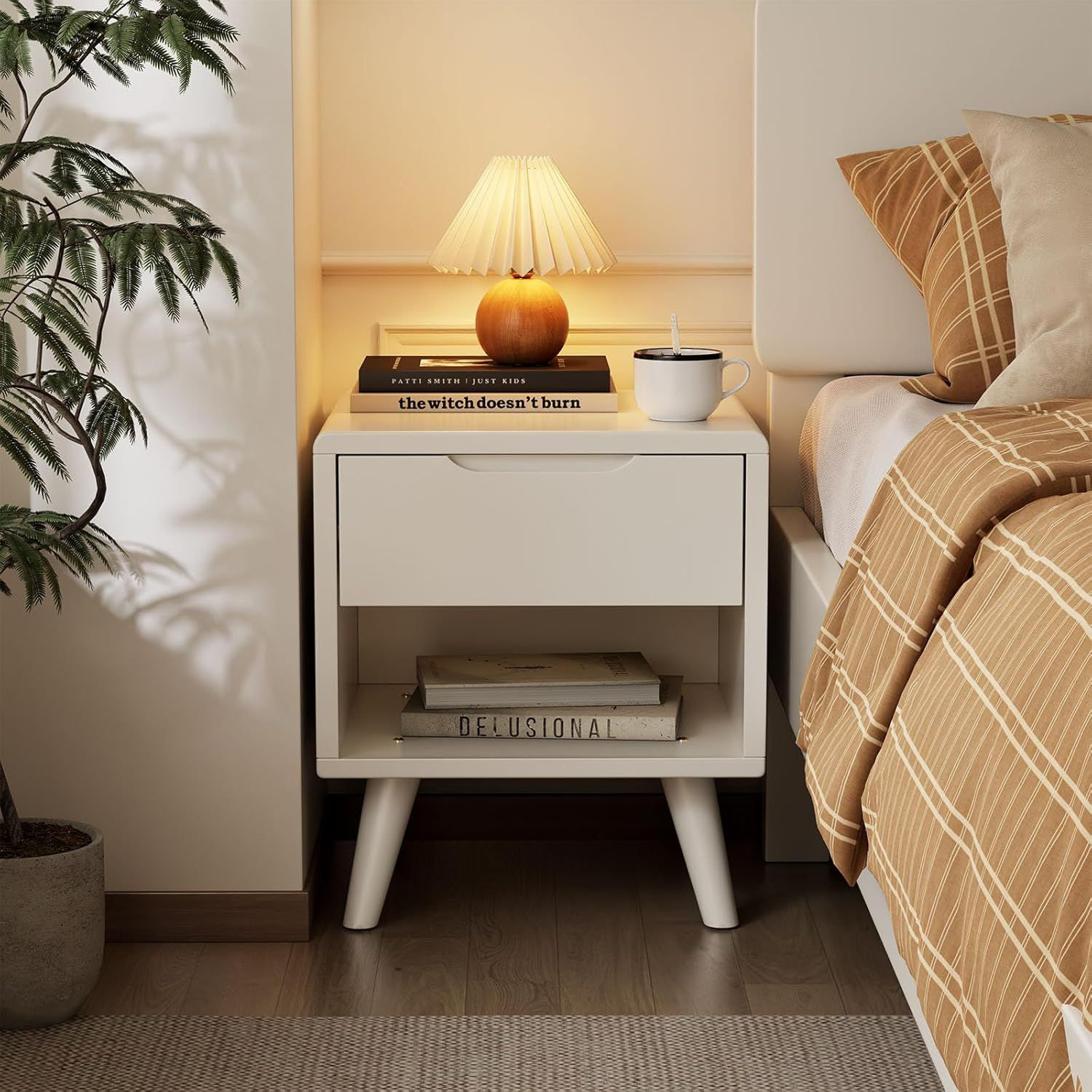 George Oliver Solid Wood Nightstand with Drawers White Nightstand, Mid ...