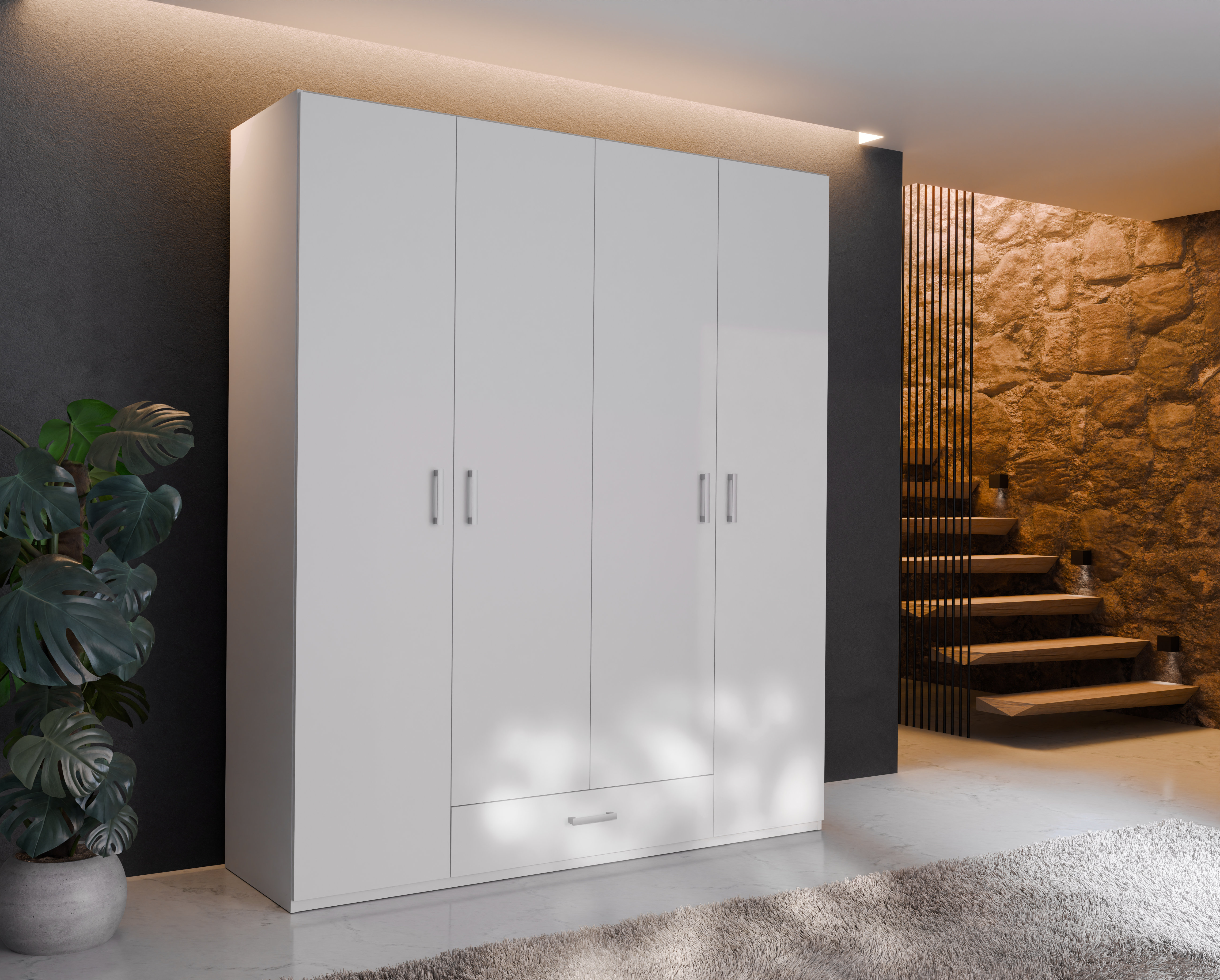 17 Stories 4 Door White Wardobe with clothes rail, 178cm W x 211cm H x ...