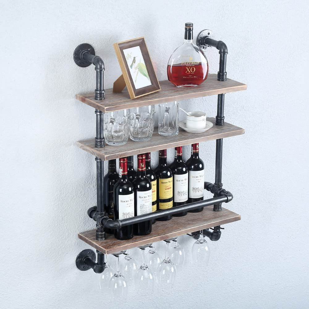 Williston Forge Industrial Pipe Wine Rack - 24" Rustic Wood Shelves ...