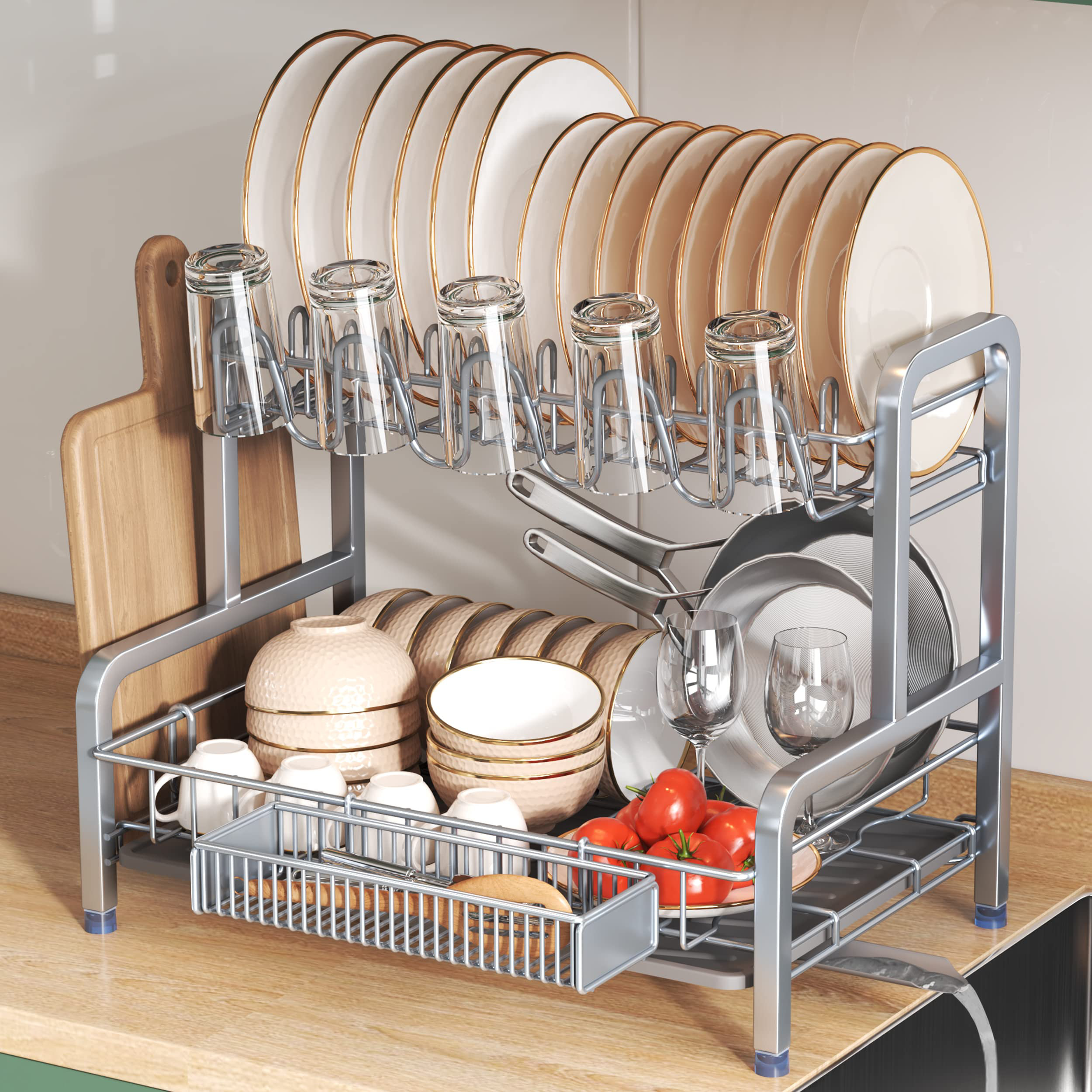 NIERBO Innovative Auto-Draining 2-Tier Stainless Steel Dish Drying Rack ...