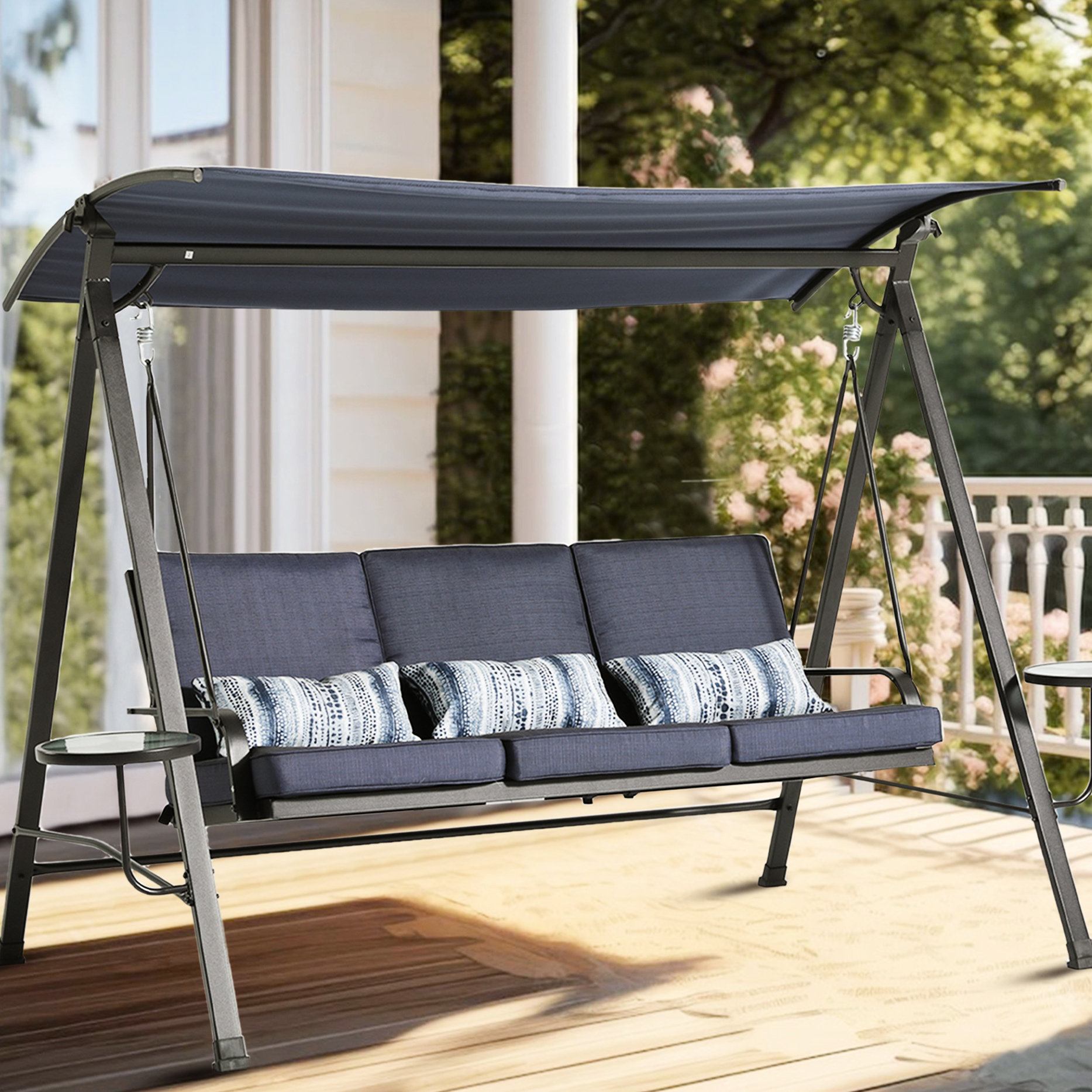Latitude Run® Steel Backyard Swing With Canopy And Fade- Side Tables ...