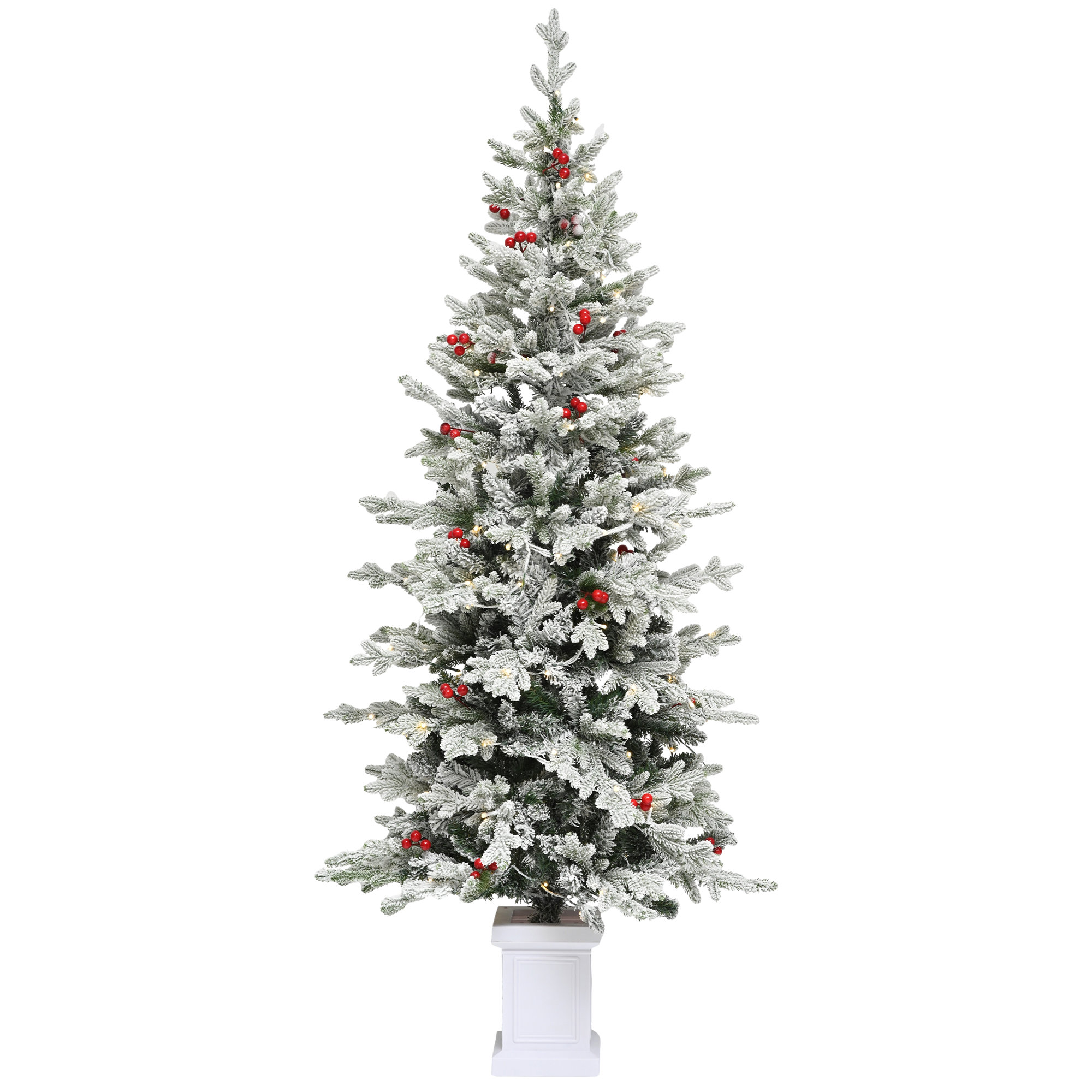 The Holiday Aisle® Potted Pre-lit Flocked Arctic Fir Pencil Tree ...