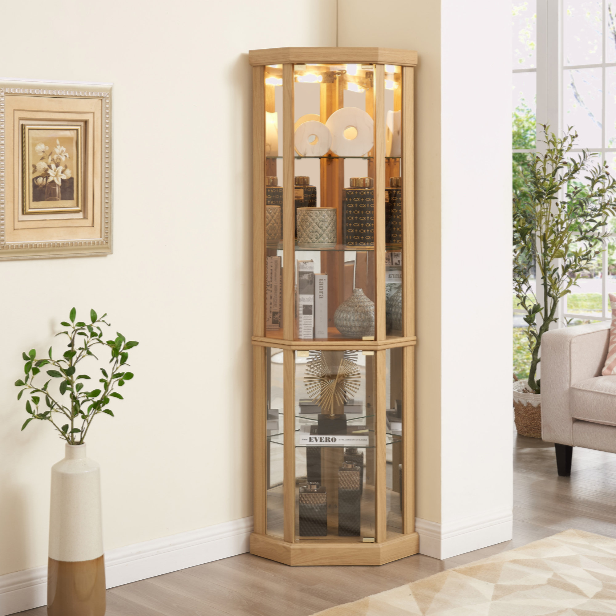 Alcott Hill® Corner Lighted Curio Cabinet Corner Glass Cabinet Lighted ...