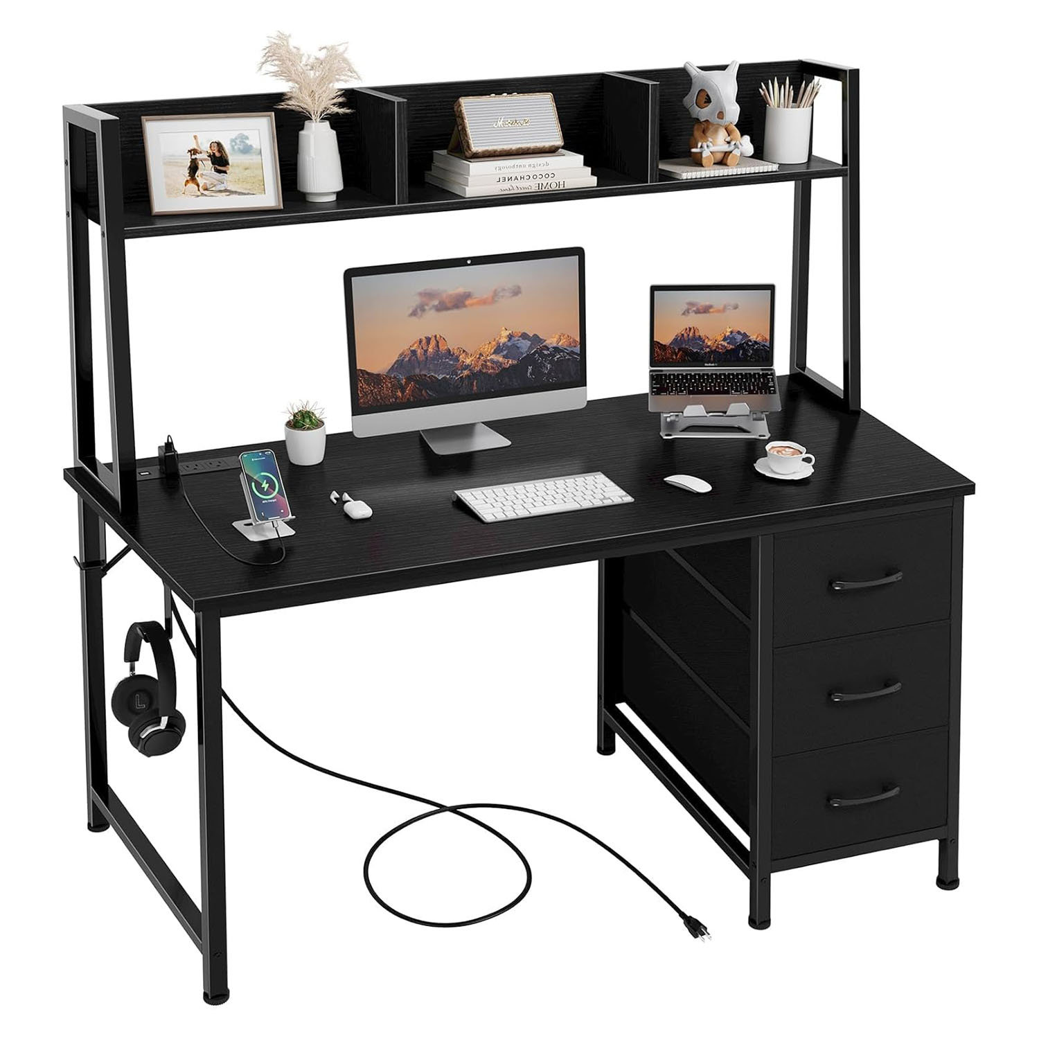 Latitude Run® Black Computer Desk With Hutch & Drawers - Office Desk ...
