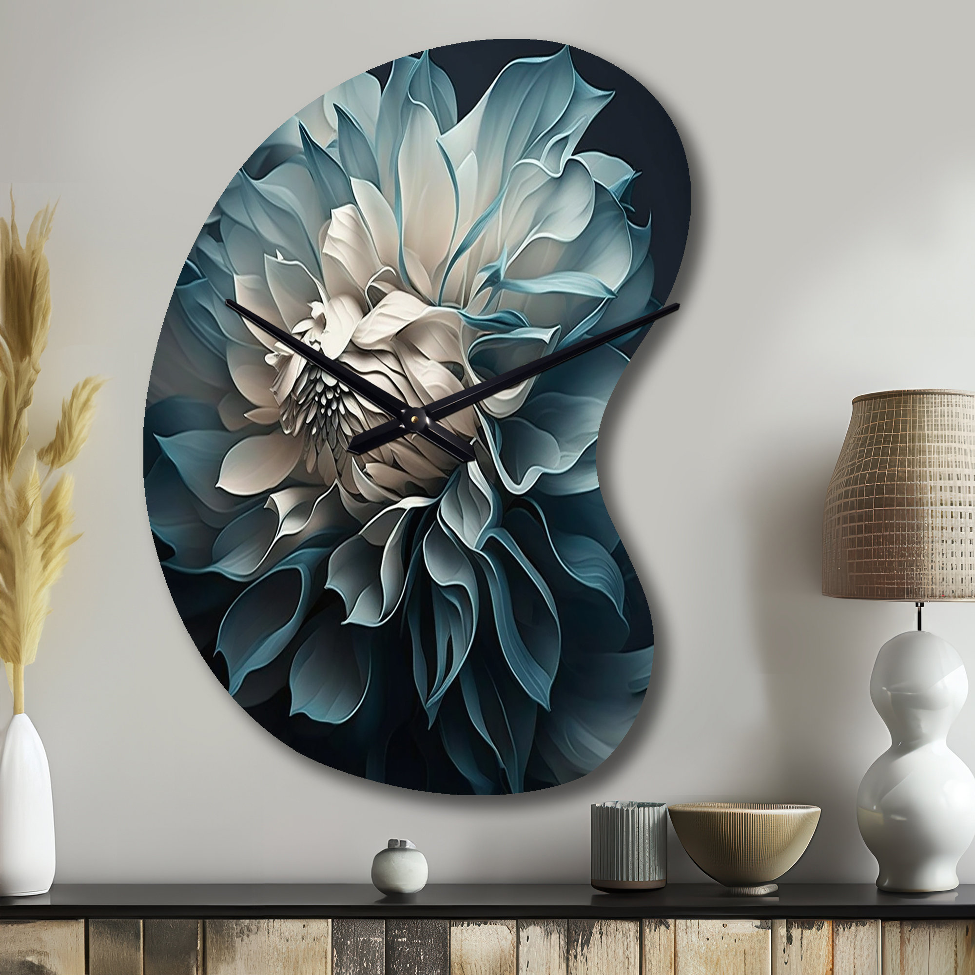 Design Art Blue And White Dahlia Flowers I - Boom Shape Blue Wall Clock ...